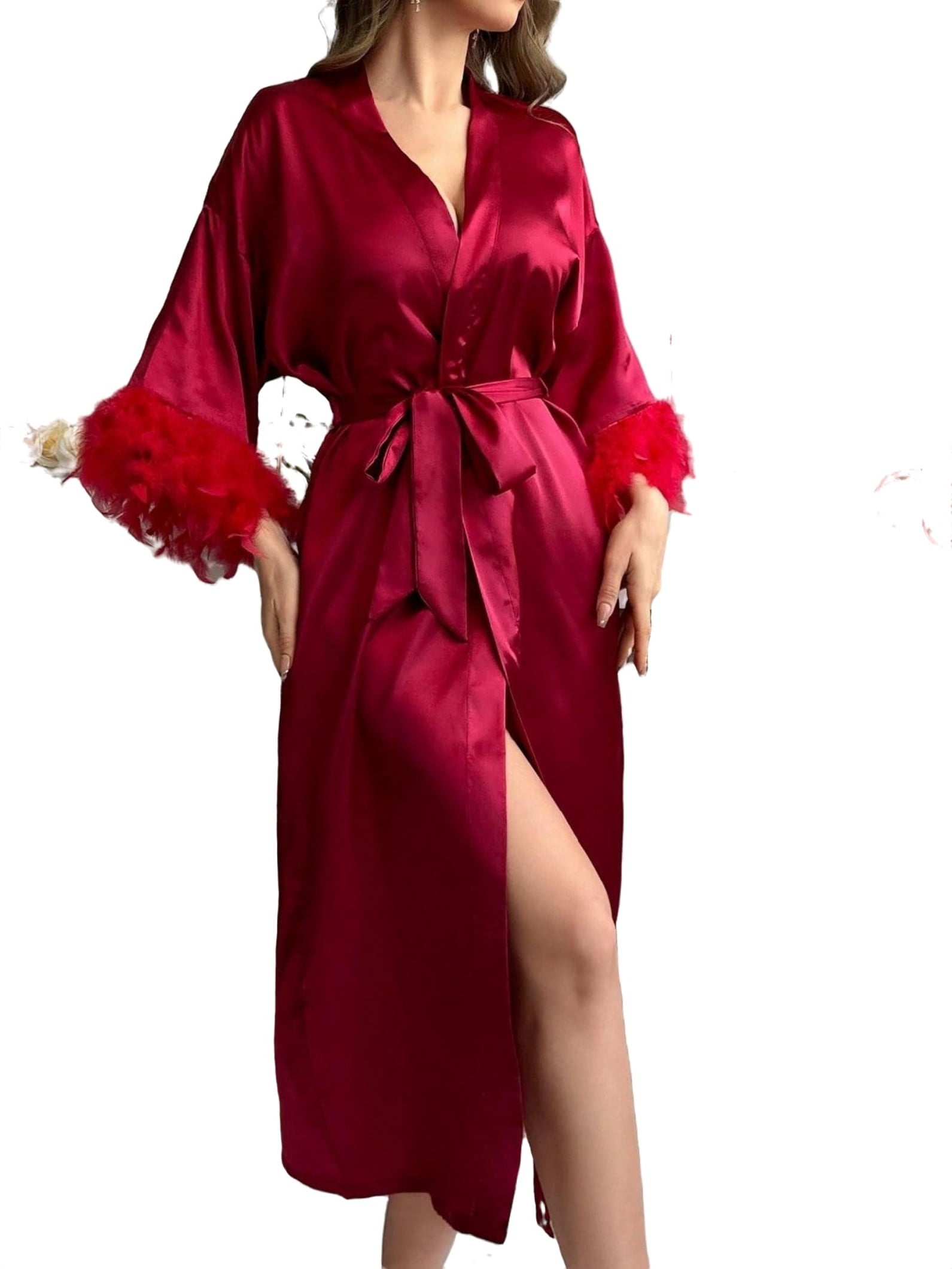 Gorgeous Luxury Solid V Neck Robes Long Sleeve Nightdress Burgundy Women Robes Womens