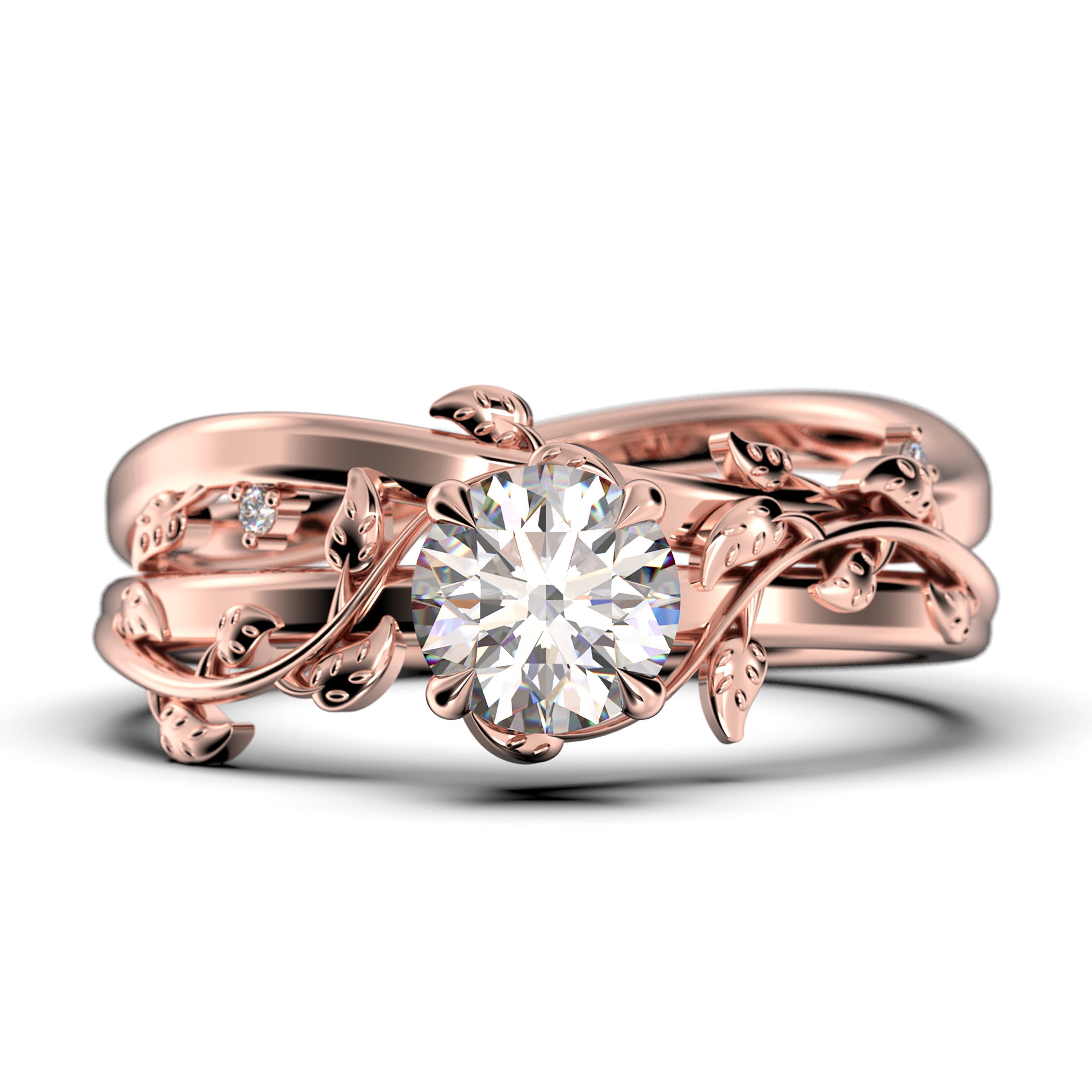 Gorgeous Vine Leaf Ring, Boho & hippie 1.00 Carat Round Cut Diamond Moissanite Engagement Ring ...