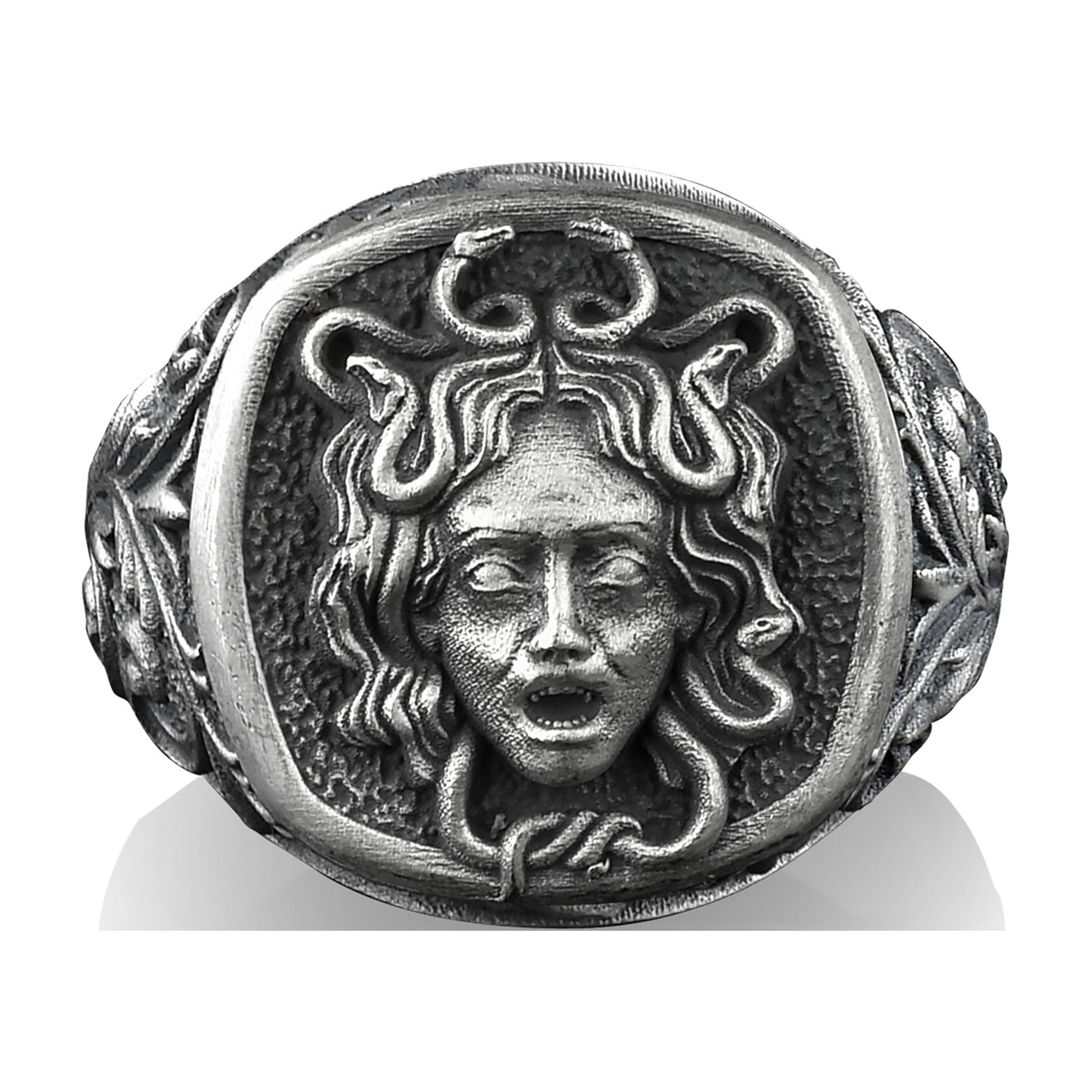 Gorgon Medusa Head Ring, Greek Mythology, Sterling Silver Square Signet ...