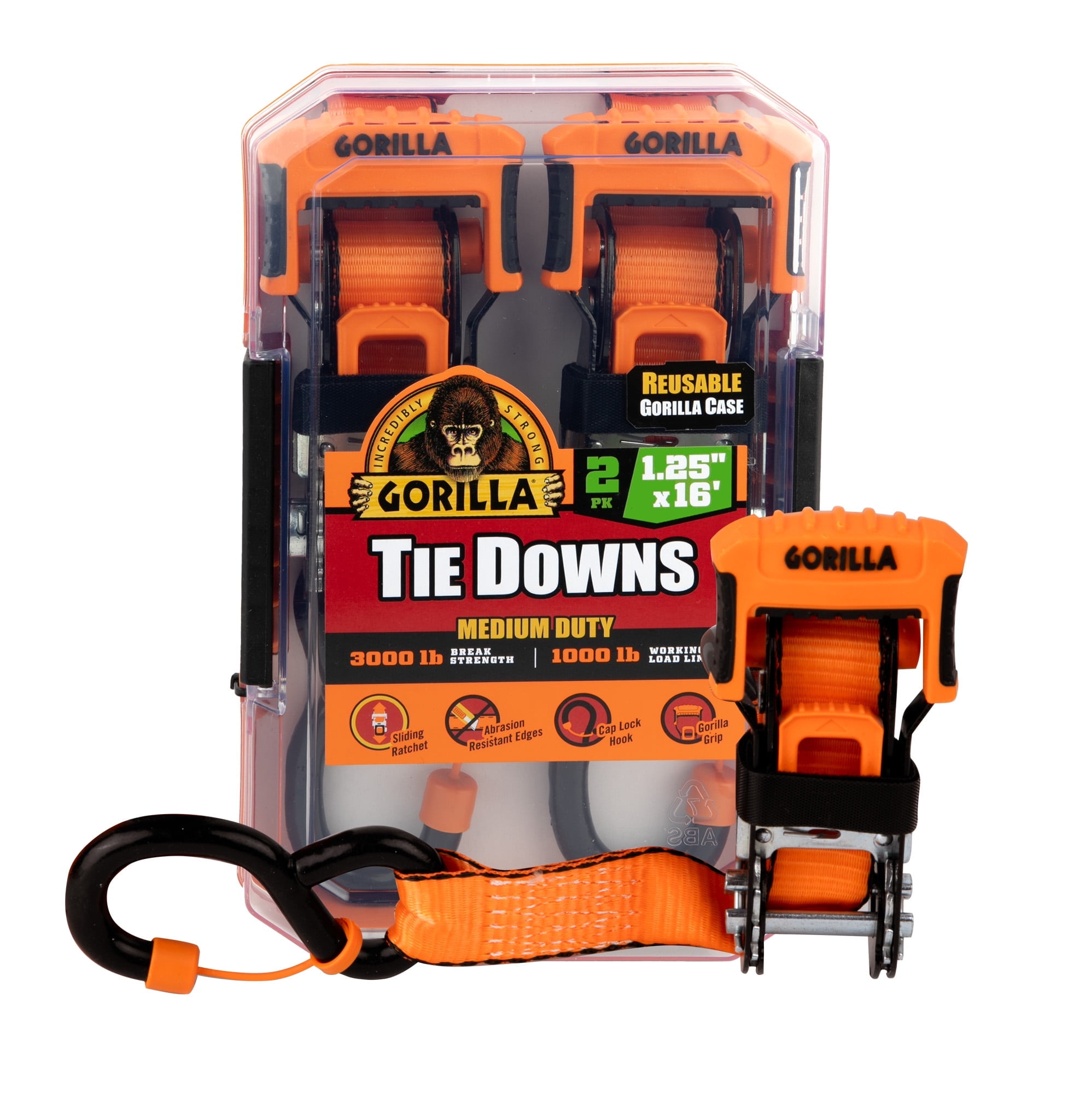 Gorilla 2 Pk 1.25" X 16' Sliding Ratchet Strap W/ Orange Gorilla Grip ...
