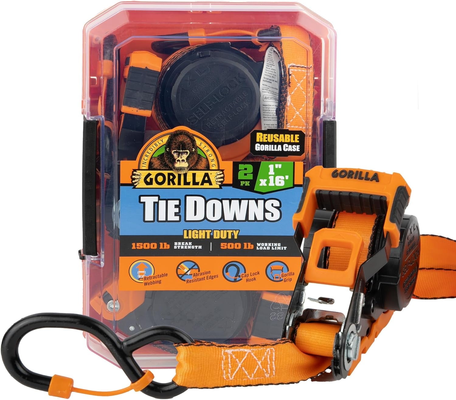 Gorilla 2 Pk 1" X 16' Self Locking Retractabe Ratchet Strap W/ Orange ...