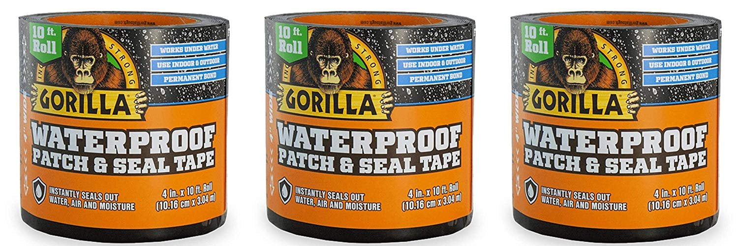 Gorilla 4612502 Waterproof Patch & Seal Tape 4" x 10' Black, Pack 3 ...