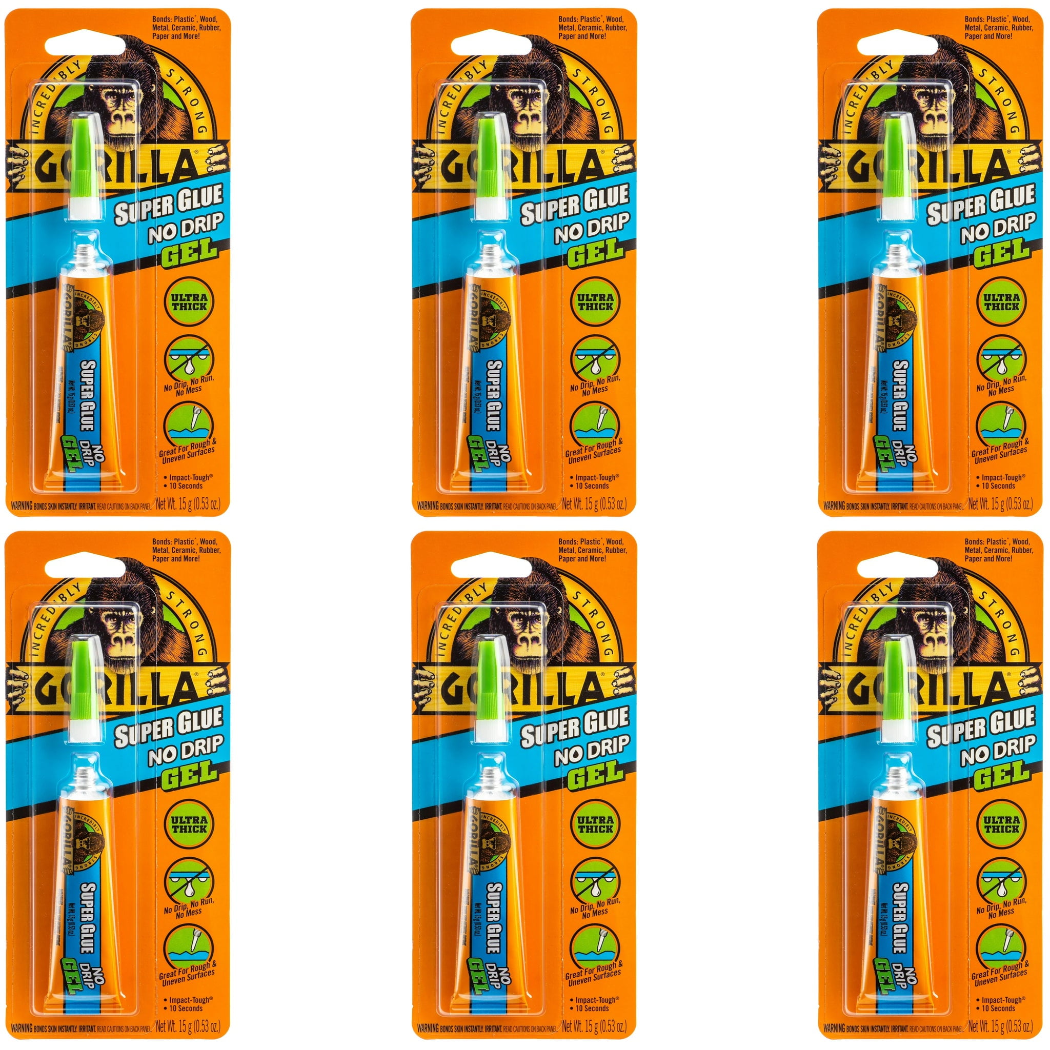 Gorilla 6 Pack 15 Gram Tubes Super Glue No-Drip Gel, Dries in 10-45 ...