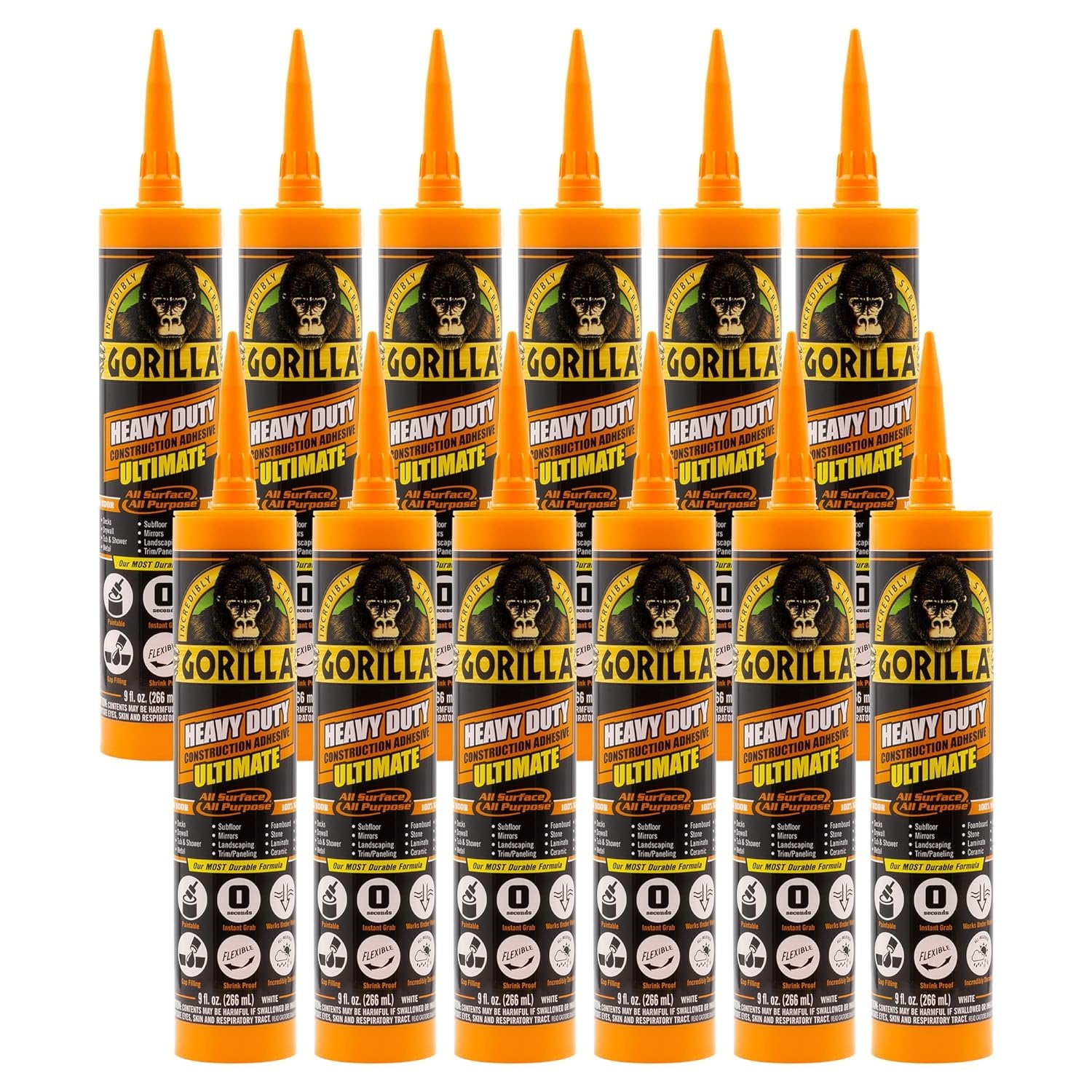 Gorilla Construction Adhesive Ultimate, 9 ounce Cartridge, White Pack ...