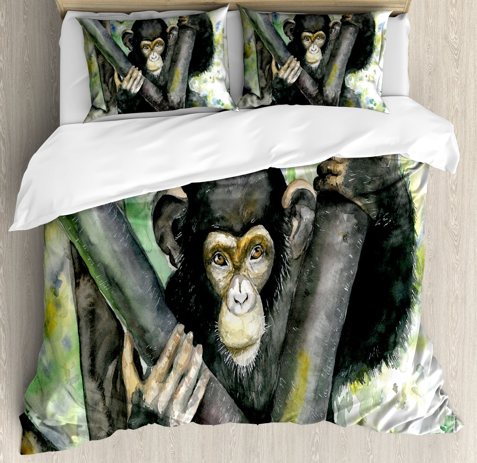 Gorilla Duvet Cover Set, Watercolor Style Art of Chimpanzee on a Tree ...