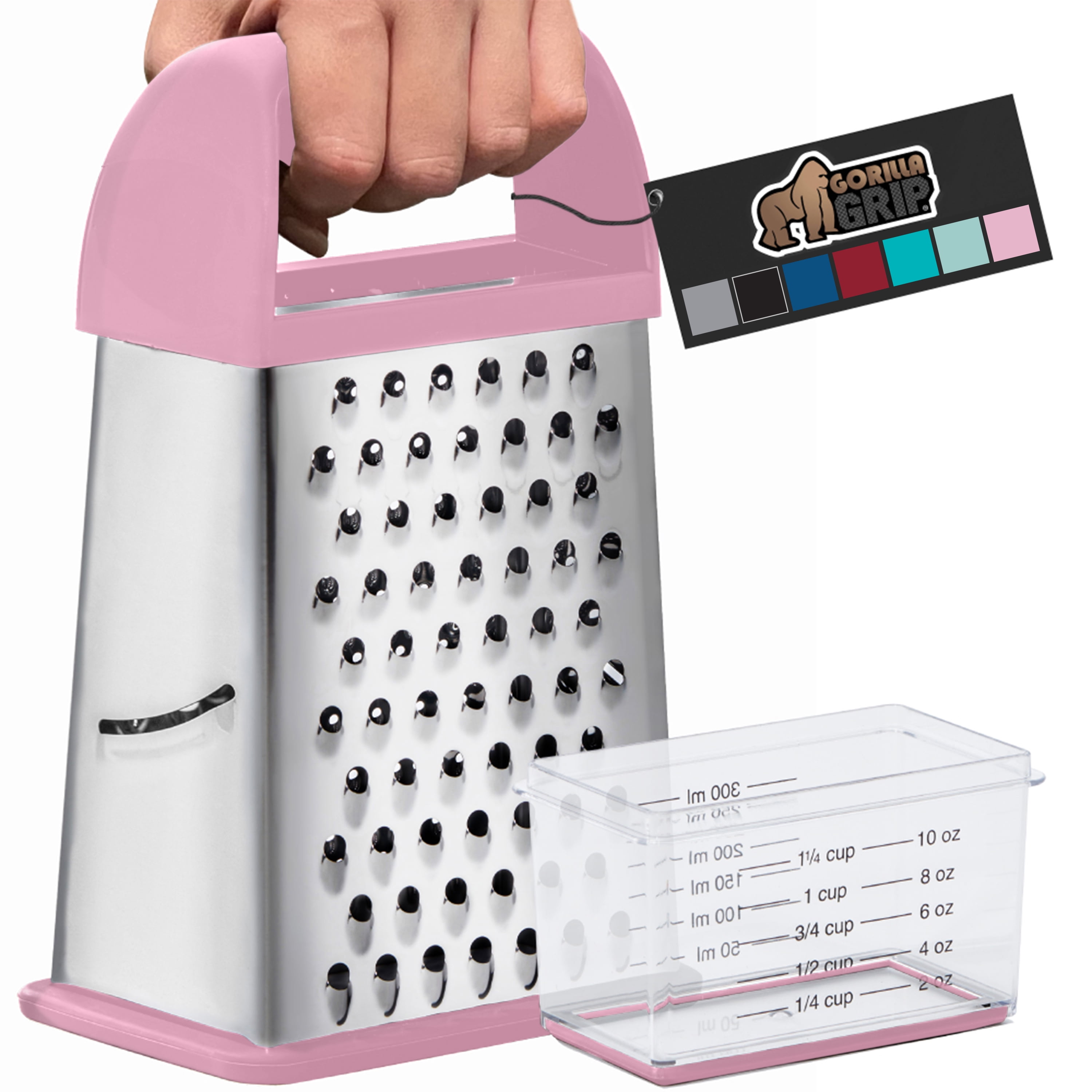 Gorilla Grip Cheese Grater, 4-Side Stainless Steel Box Grater, Pink ...