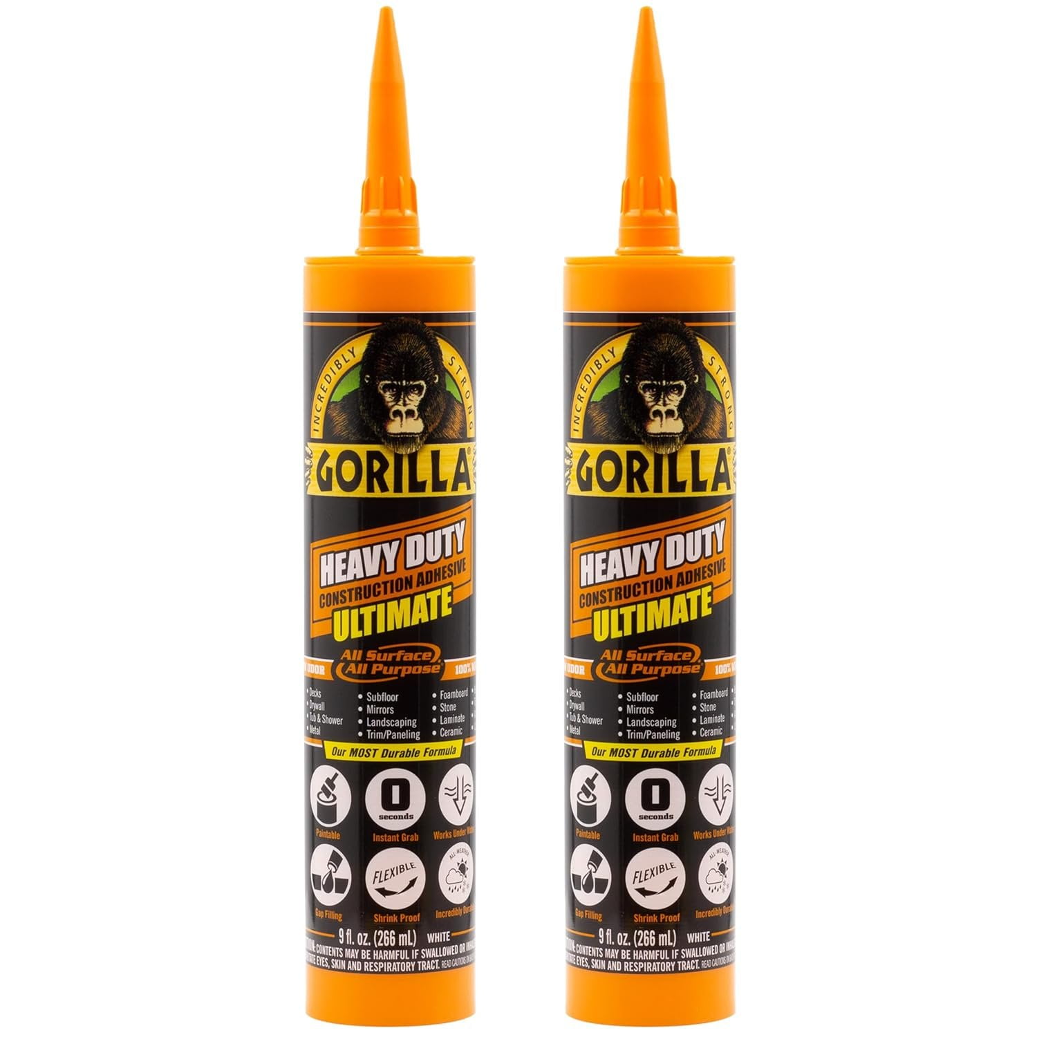 Gorilla Heavy Duty Ultimate Construction Adhesive - Waterproof - 2-Pack ...