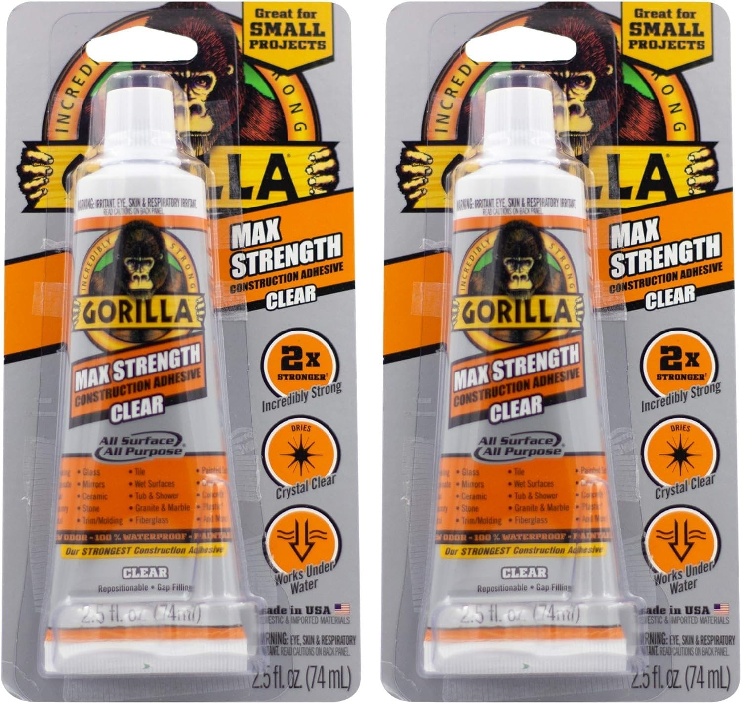 Gorilla Max Strength Clear Construction Adhesive, 2.5 oz, Squeeze Tube ...