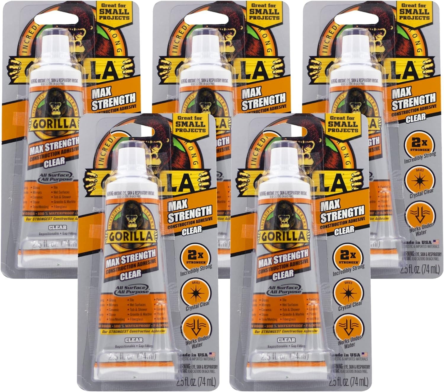 Gorilla Max Strength Clear Construction Adhesive, 2.5 Ounce Squeeze Tube, Clear, Pack of 5 ...