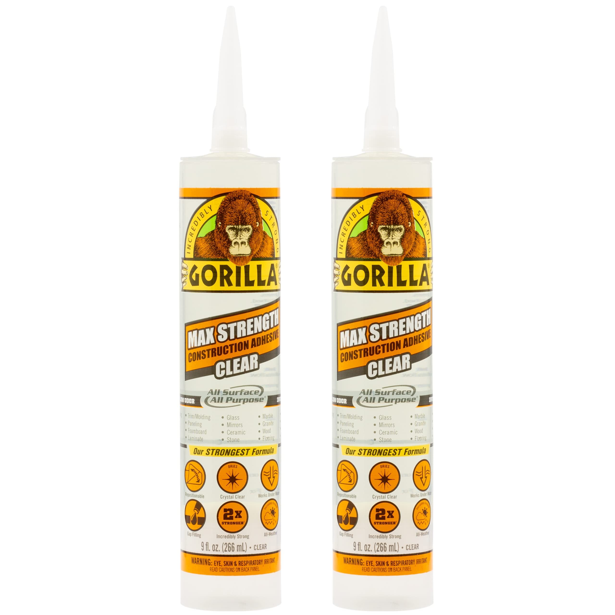 Gorilla Max Strength Clear Construction Adhesive, 9 Ounce Cartridge ...