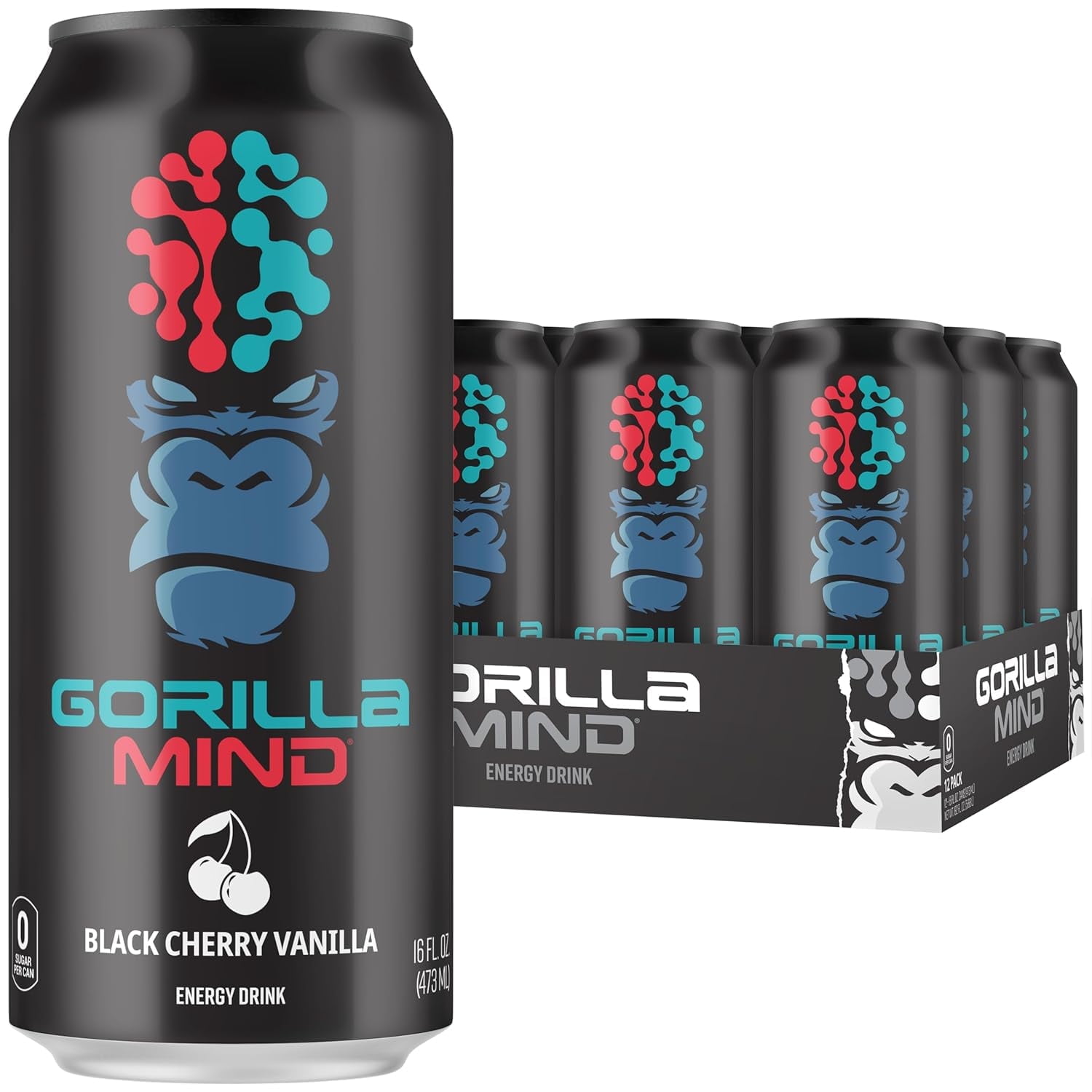 Gorilla Mind Energy Drink, No Sugar or Artificial Colors, Black Cherry ...