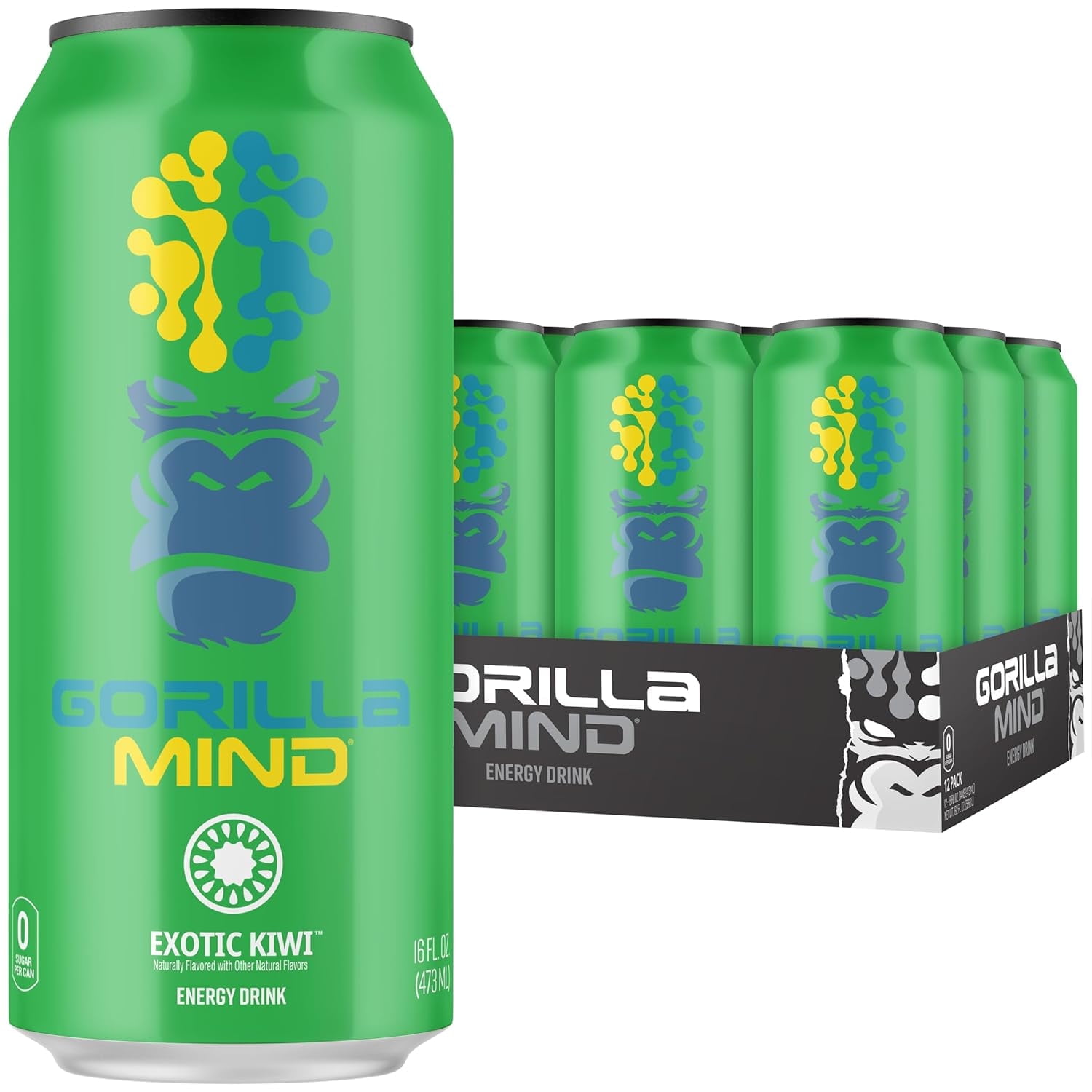 Gorilla Mind Energy Drink, Exotic Kiwi, 16 fl oz Cans, Zero Sugar, Nootropic Performance ...