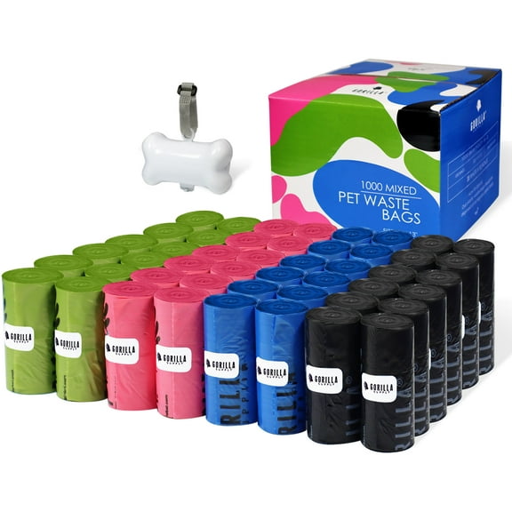 1000 Dog Poop Waste Bags with Dispenser and Leash Tie, 9" x 13", Blue ...