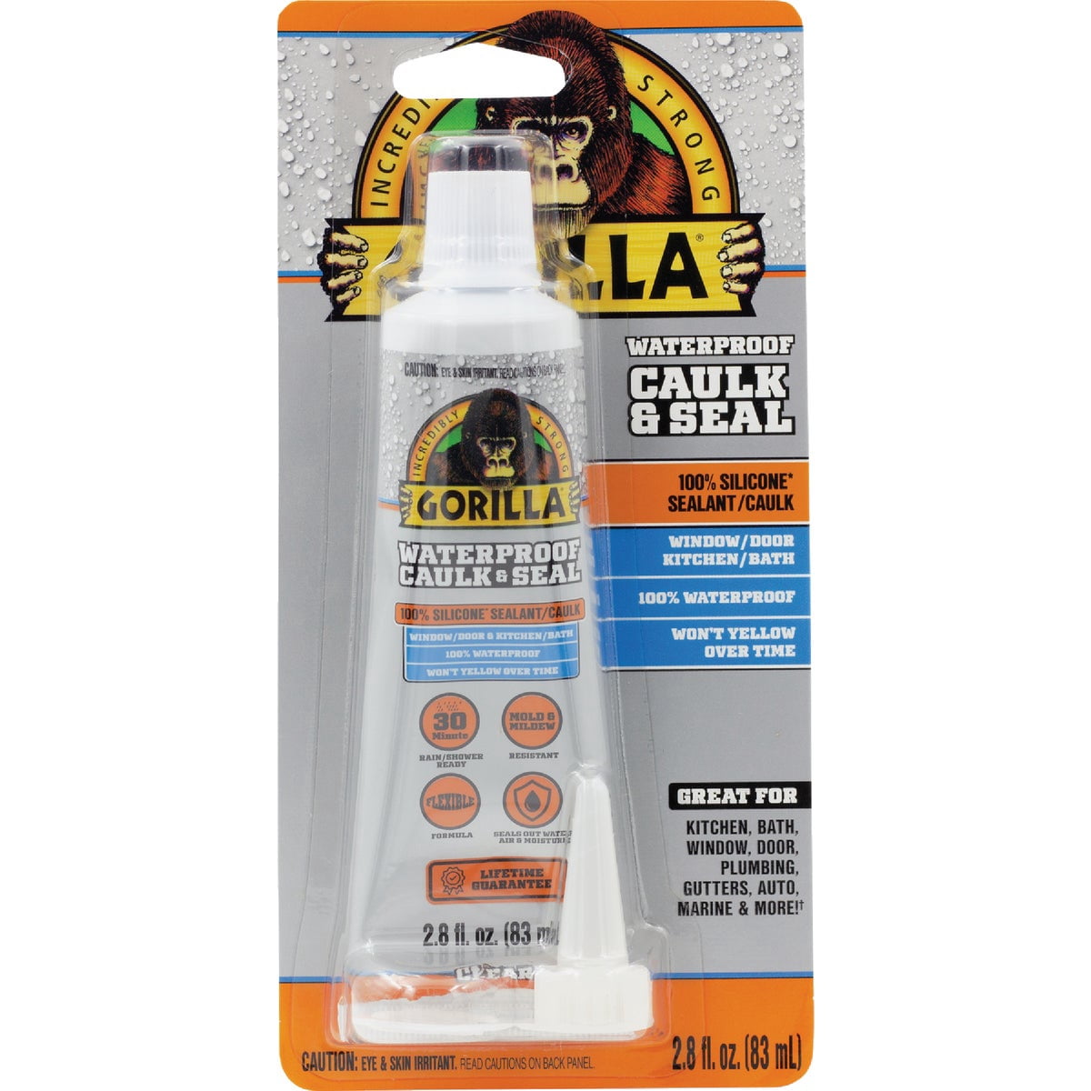 Gorilla Waterproof Caulk & Seal Silicone Sealant, 2.8oz Squeeze Tube ...