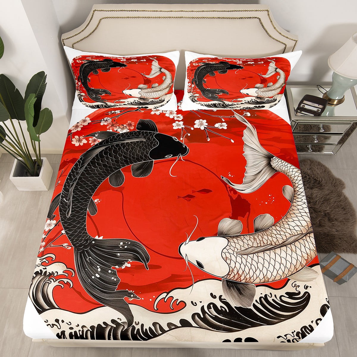 Gossip Koi Fish Fitted Sheet Queen Japanese Style Ukiyo-E Bedding Set ...