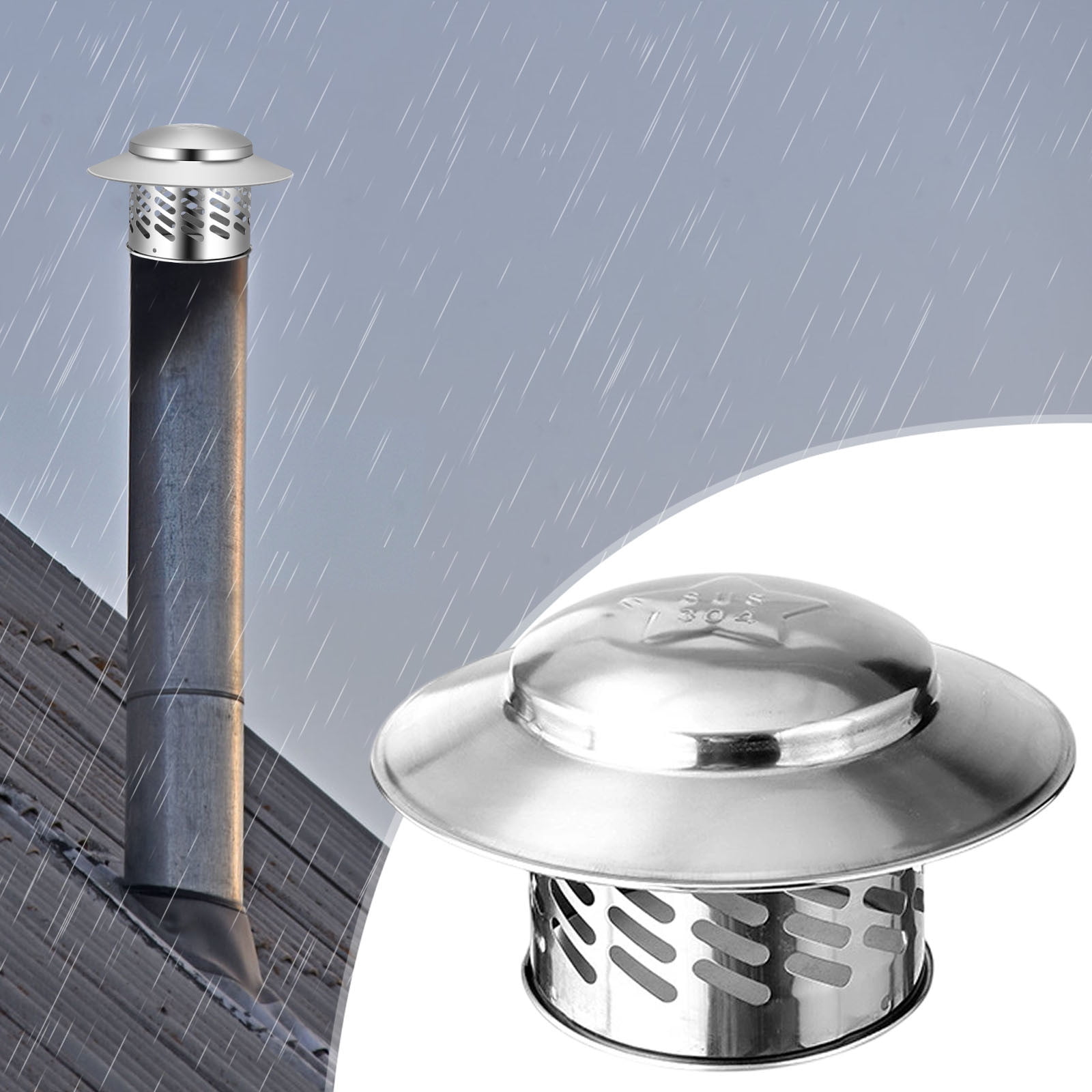 Gosuguu 304 Stainless Steel Chimney Rain Cover Round Vent Pipe Cap Roof ...