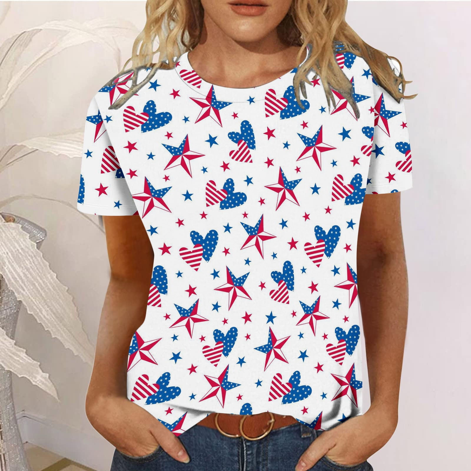 onlyliua Women Summer Tops Fashion Stars Print Crew Neck T Shirts ...
