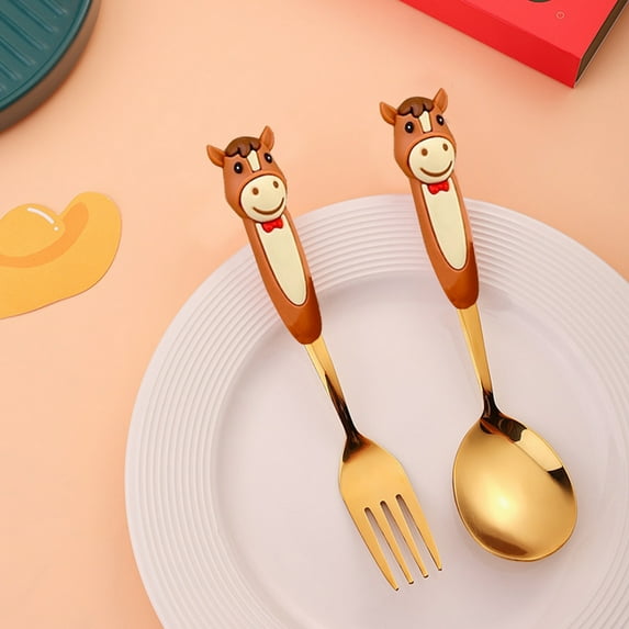 Gosuguu Horse-Themed Stainless Steel Spoon and Fork Set with Decorative ...