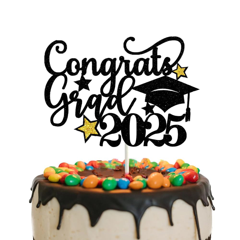 GotGala Congrats Grad FEV6 2025 Cake Topper Black and Gold Glitter ...