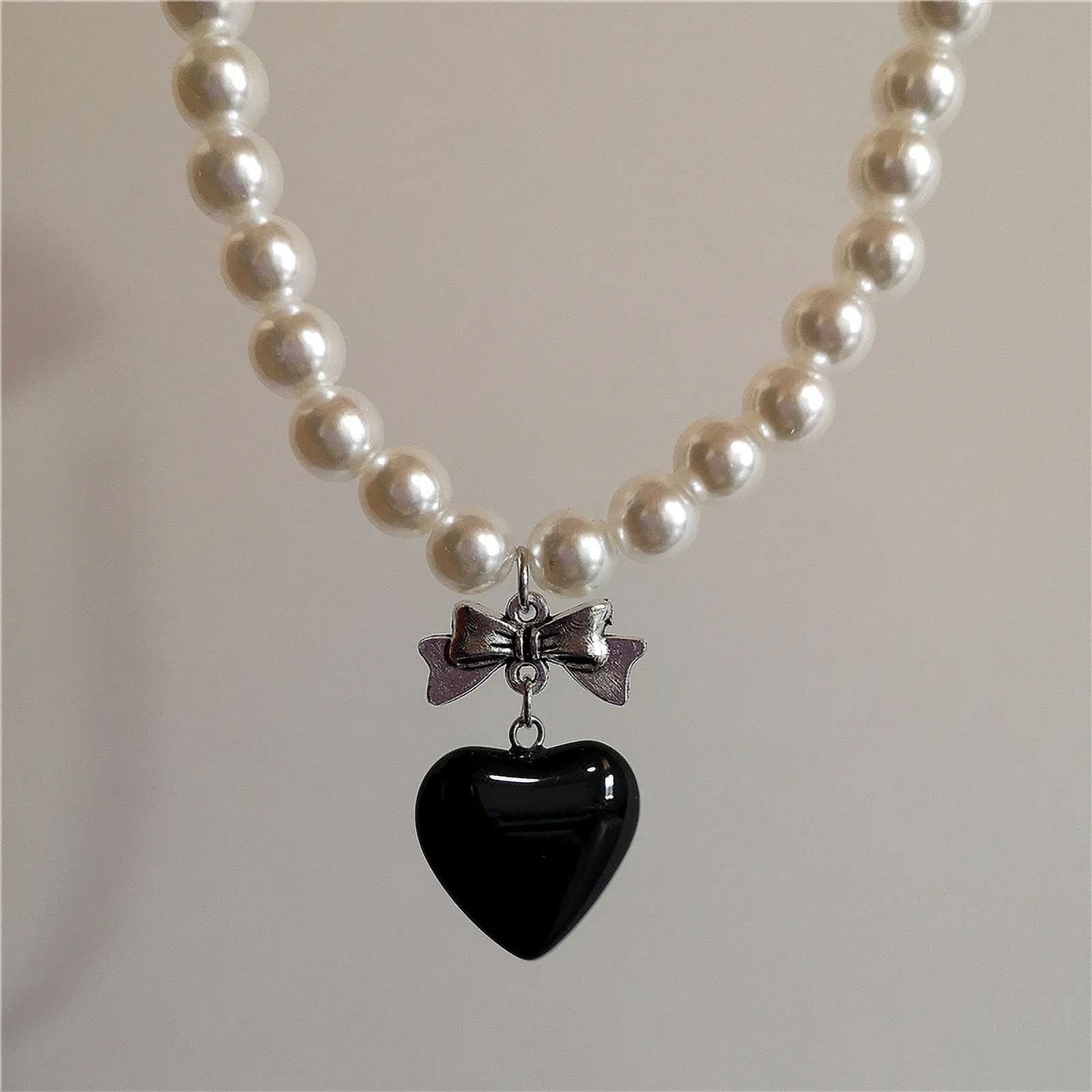Goth Aesthetic Black Glass Heart Bow Pendant Pearl Beaded Rope Chain ...