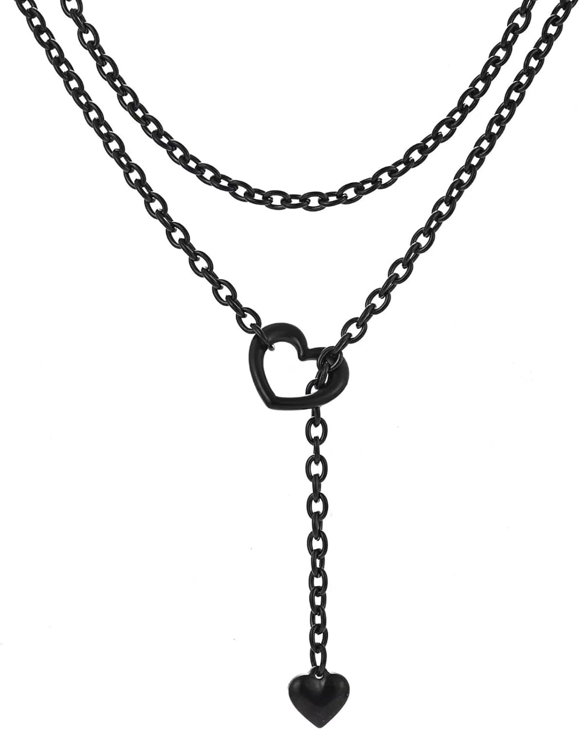 Goth Black Heart Lariat Layered Necklaces for Women Stainless Steel ...