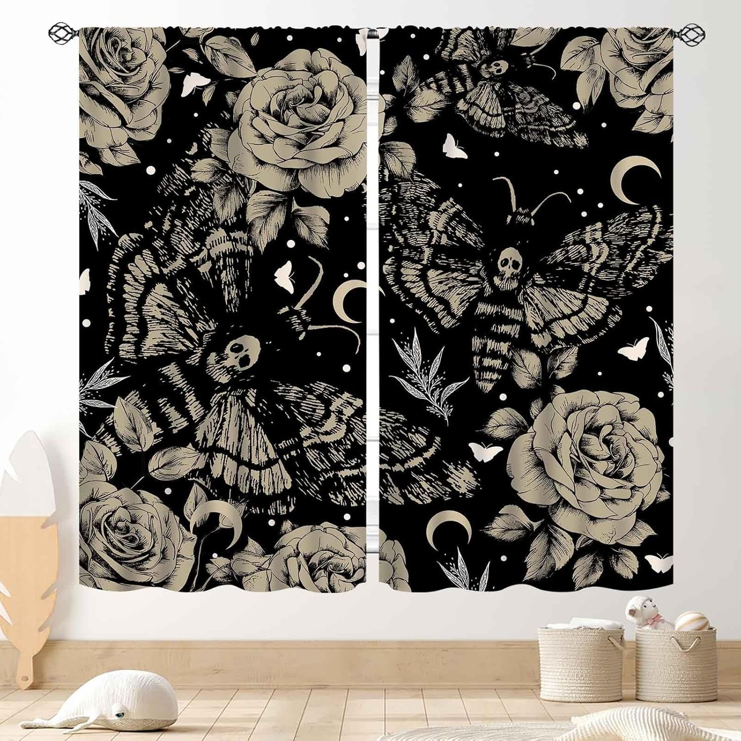 Goth Curtains for Bedroom,Spooky Moody Dead Moth Black Floral Witchy ...