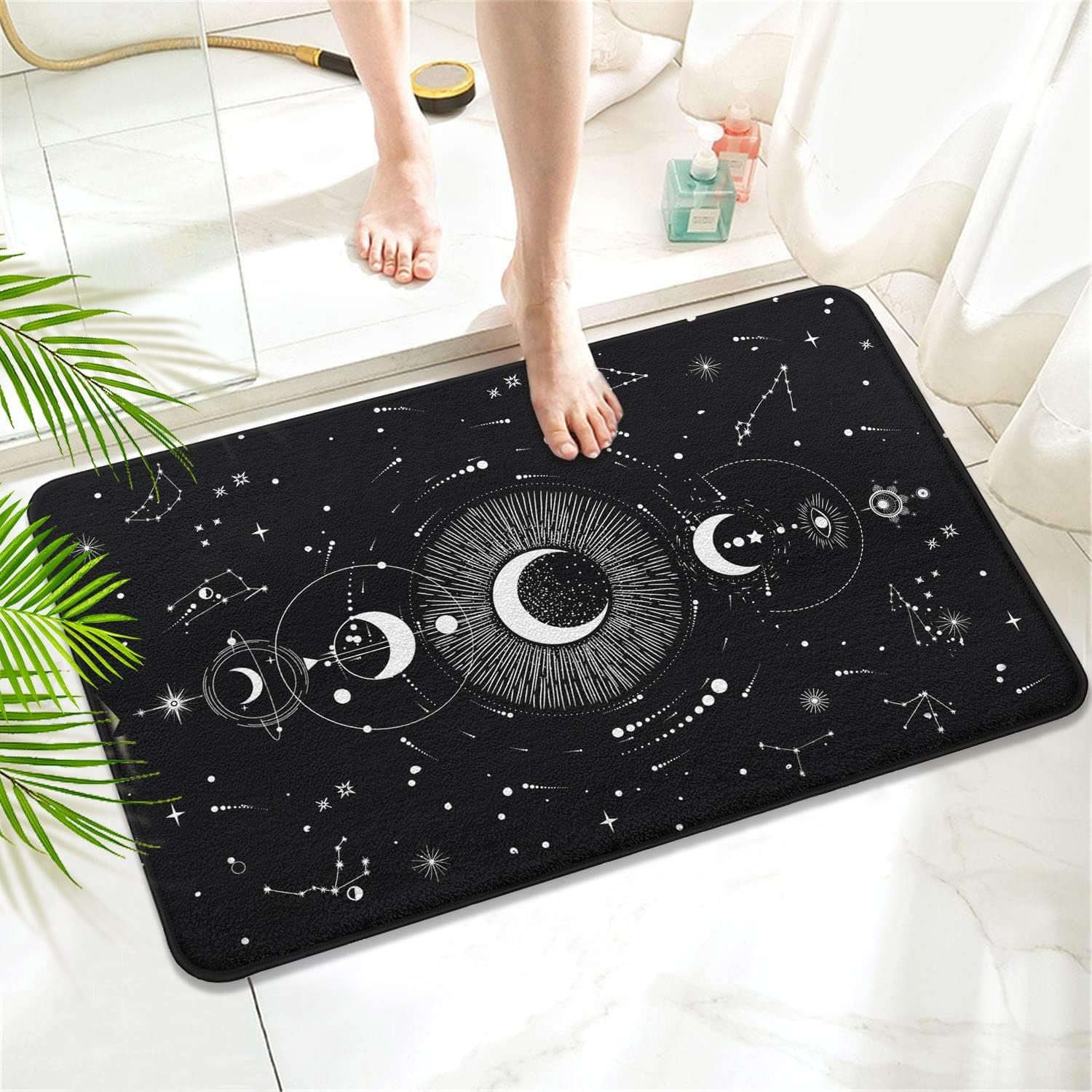 Goth Imitation Cashmere Bathroom Mat Rug, Sun Star Moon Black and White ...