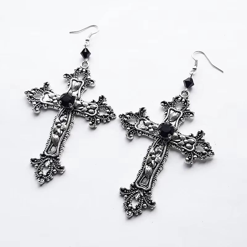 Goth Large Detailed Cross Black Drill Jewel Earrings Silver Color ...