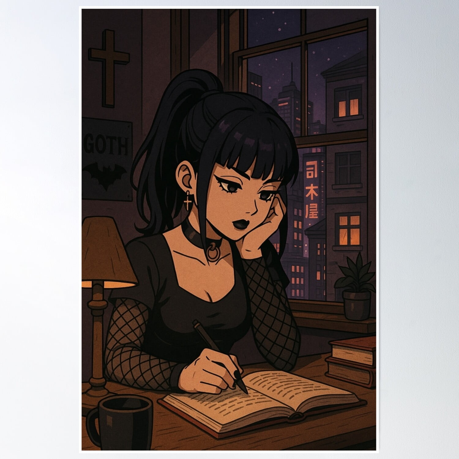 Goth Lofi Writer At Night Poster Wall Art, Modern Wall Decor, 16x24 ...