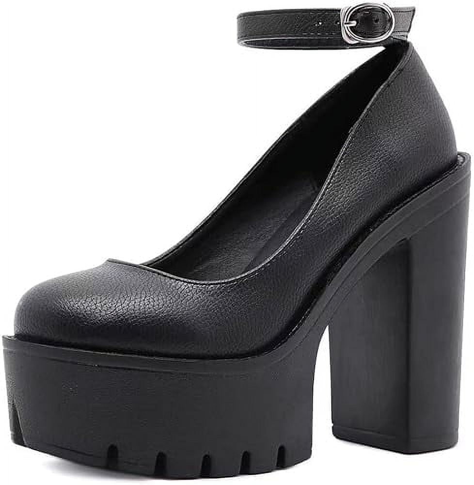 Goth Platform Crystal Ankle Strap Round Toe Pumps Hook Block Chunky ...