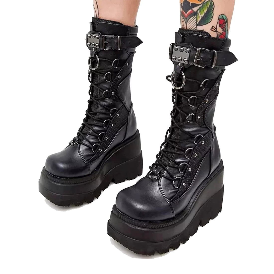 Goth Punk Platform Mid Calf Boots for Women's Chunky High Heel Booties ...