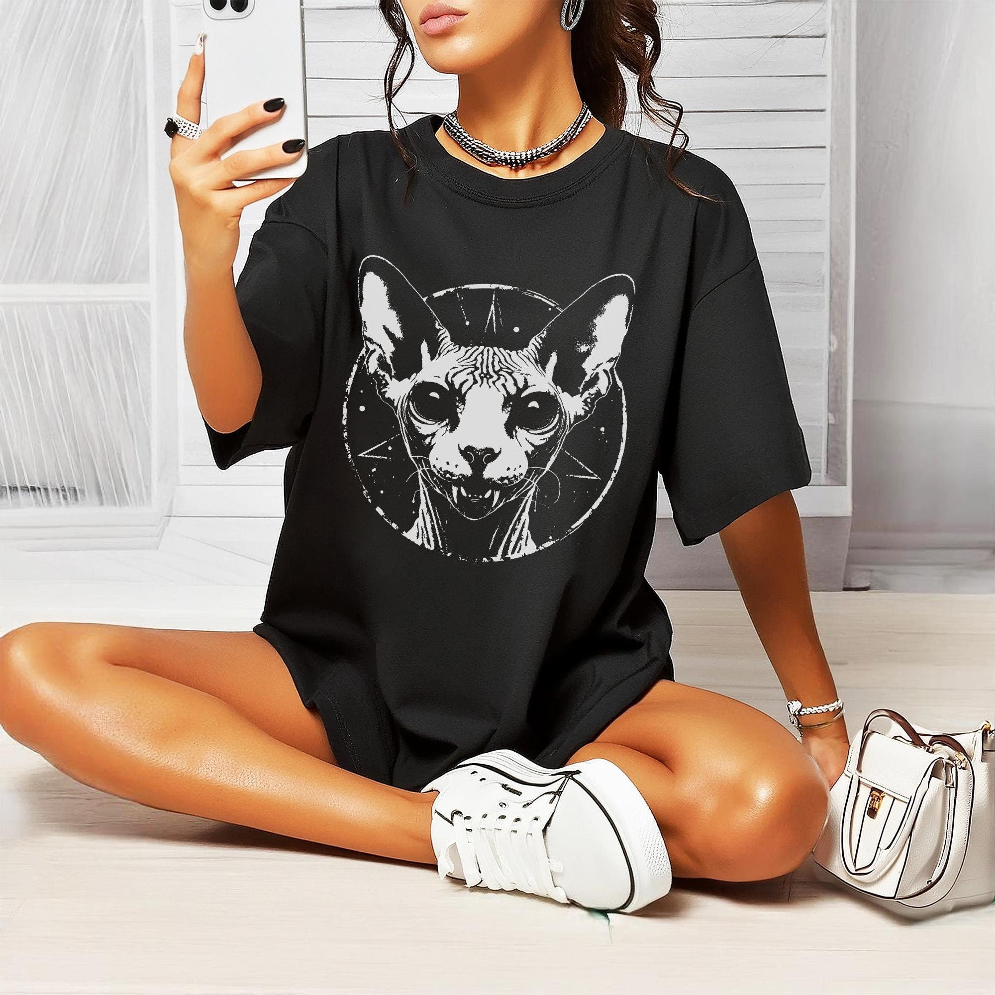 Goth Shirt Dark Art Graphic Tee Sphynx Cat T-shirt Shirt Grunge Top ...