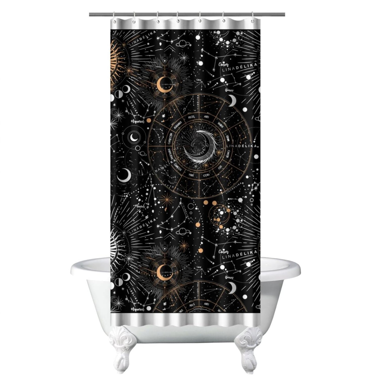 Goth Shower Curtain with Celestial Starry Sky, Moon Sun Eclipse Patterns, Dark Gothic Aesthetic ...