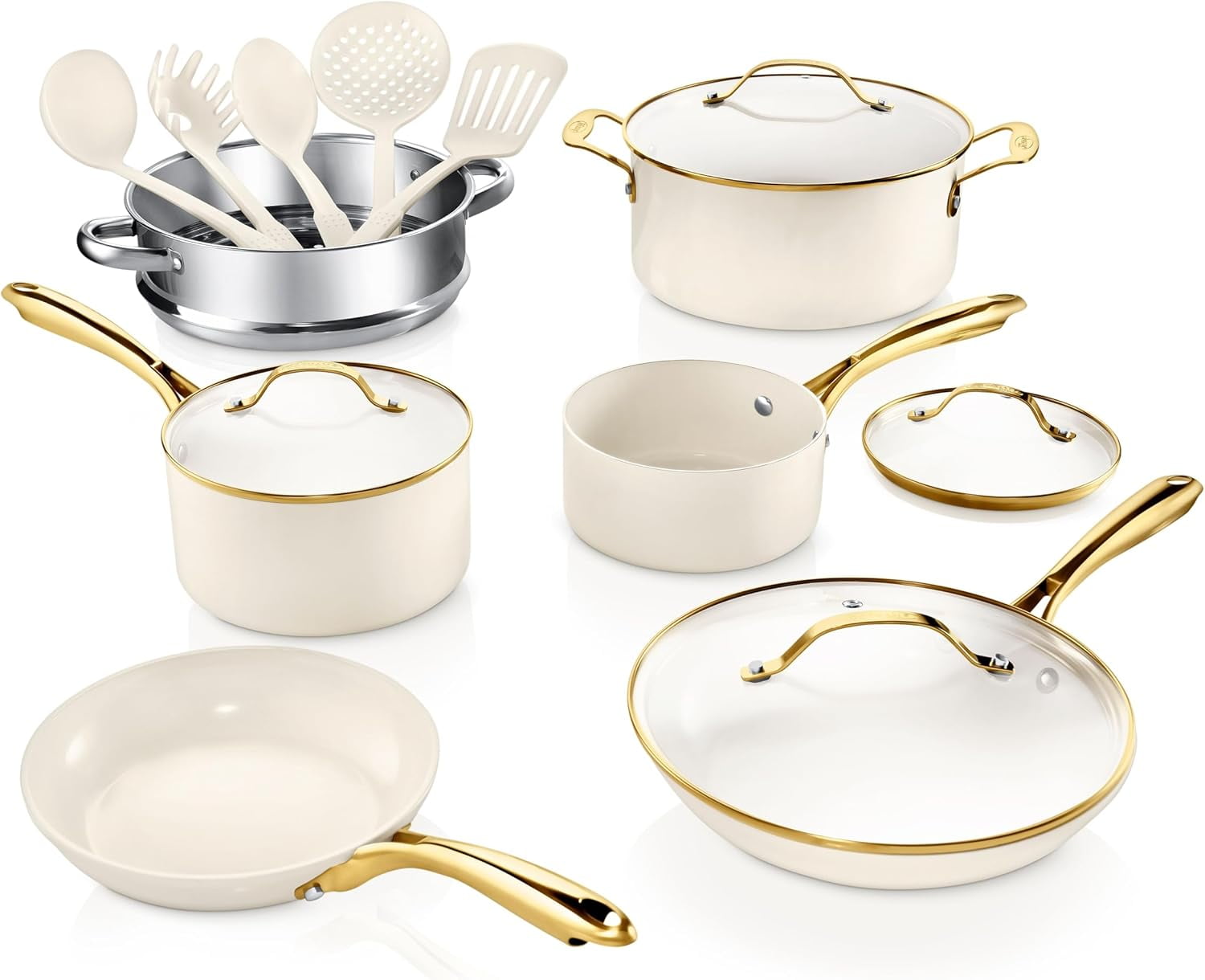 Gotham Steel 15 Pc, Non-Stick Ceramic Cookware Set, Cream White ...