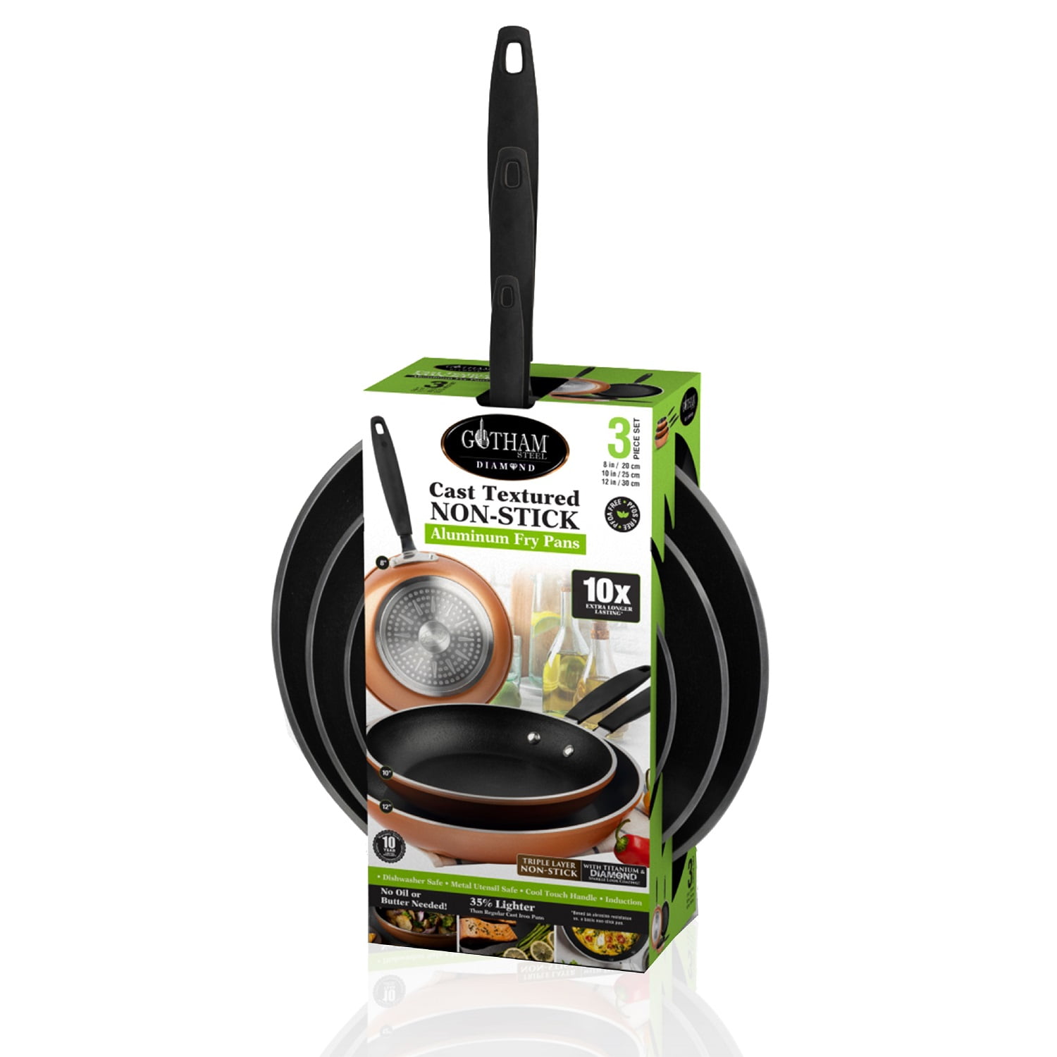 Gotham Steel Diamond Nonstick Frying Pan Set Piece 8" 10 12" Skillets ...