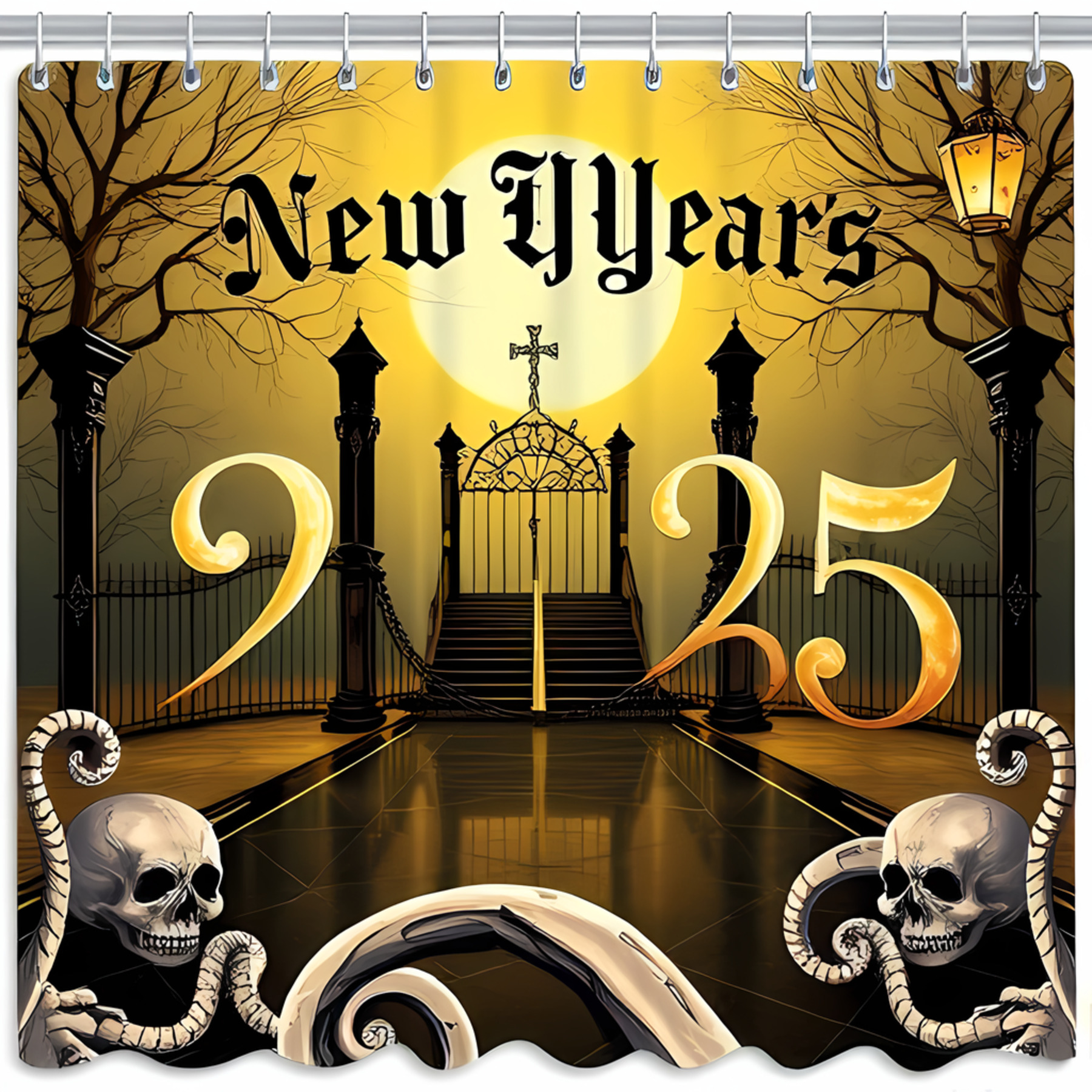 Gothic 2025 Shower Curtain - Elegant Golden Numerals Ornate Gate Eerie ...