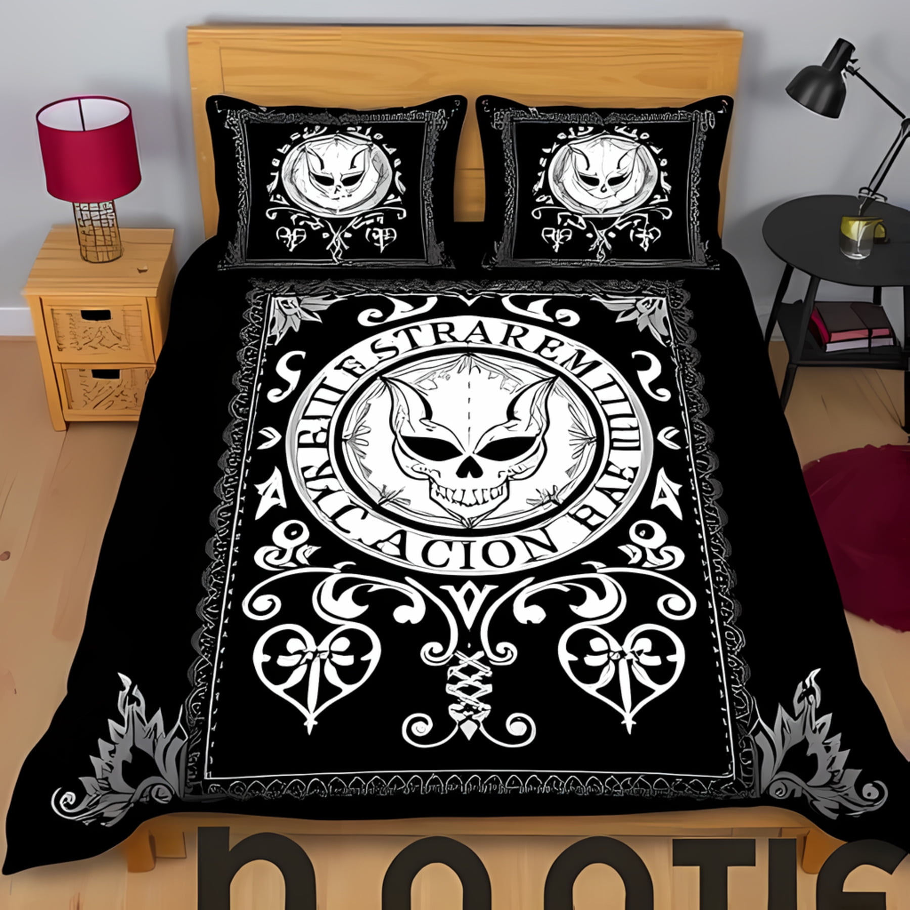 Gothic 3-Piece Duvet Cover Set - Black with Intricate White & Feline ...