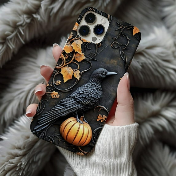 Gothic 3D Fall Design Phone Case with a Spooky Raven, Crow, and Pumpkin ...