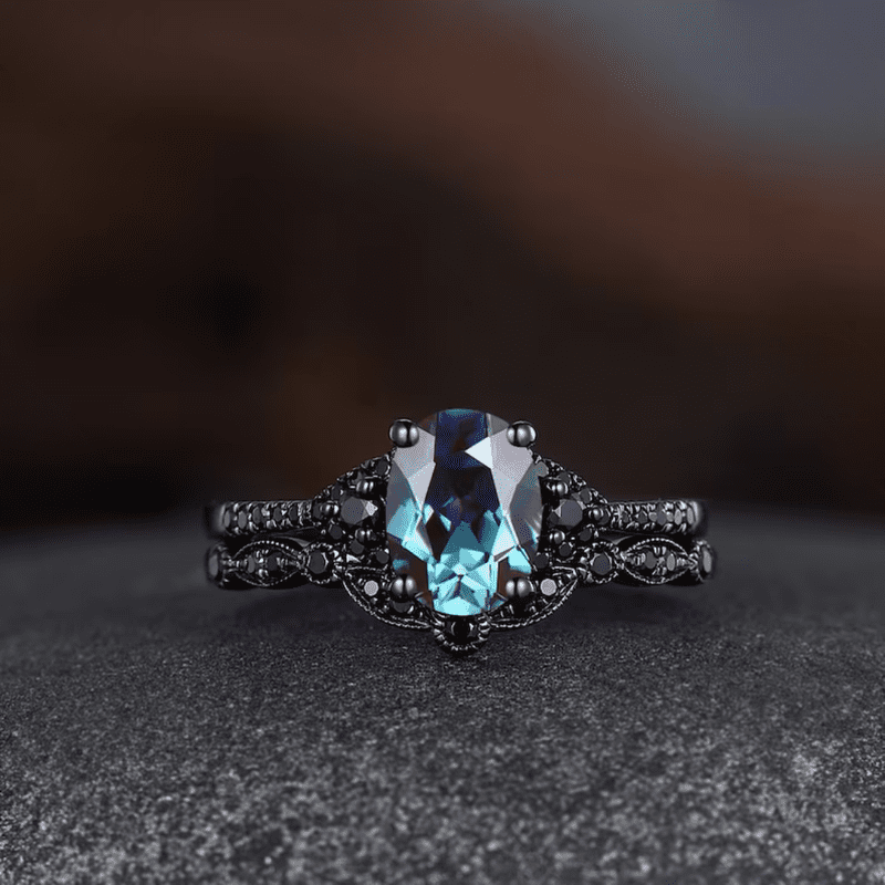 Gothic Alexandrite Engagement Ring Set in 14K Black Gold Vermeil- Black ...