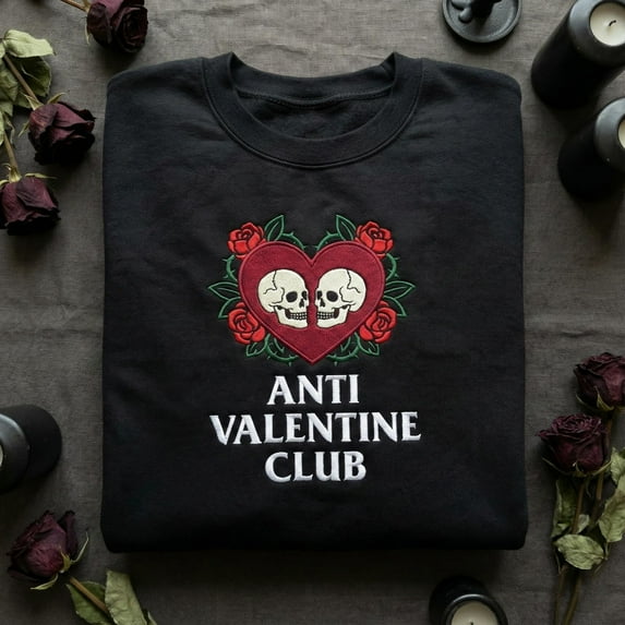 Gothic Anti-Valentine Club Embroidered Sweatshirt, Dark Skulls & Roses ...