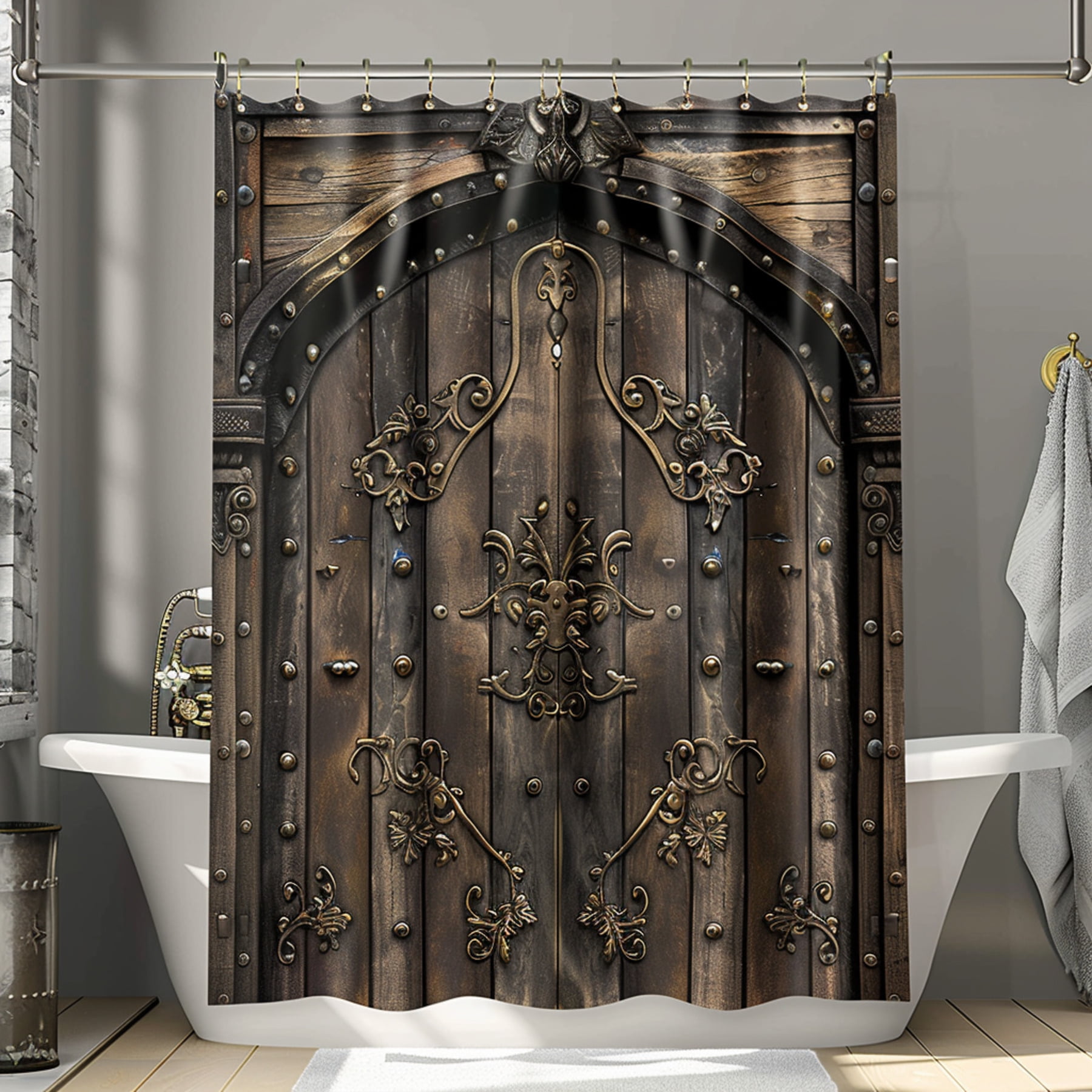 Gothic Antique Door Wooden Texture Shower Curtain with Metal Accents ...