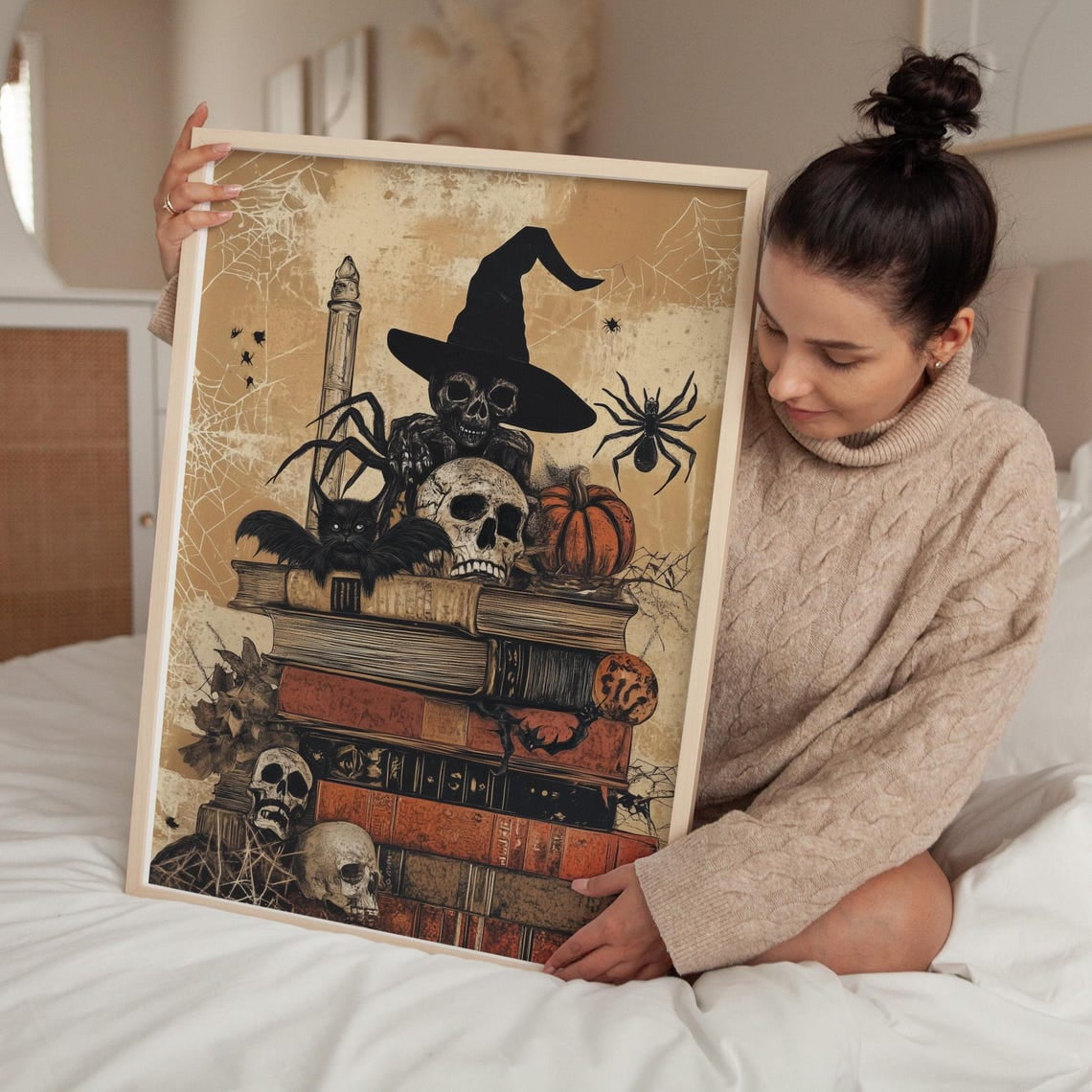 Gothic Art Print, Vintage Witch And Skull Spooky Book Stack Decor ...