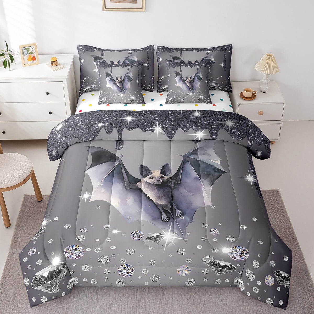 Gothic Bat Bed in a Bag Queen Comforter Set 7 Piece,Black Sequin Fluid ...