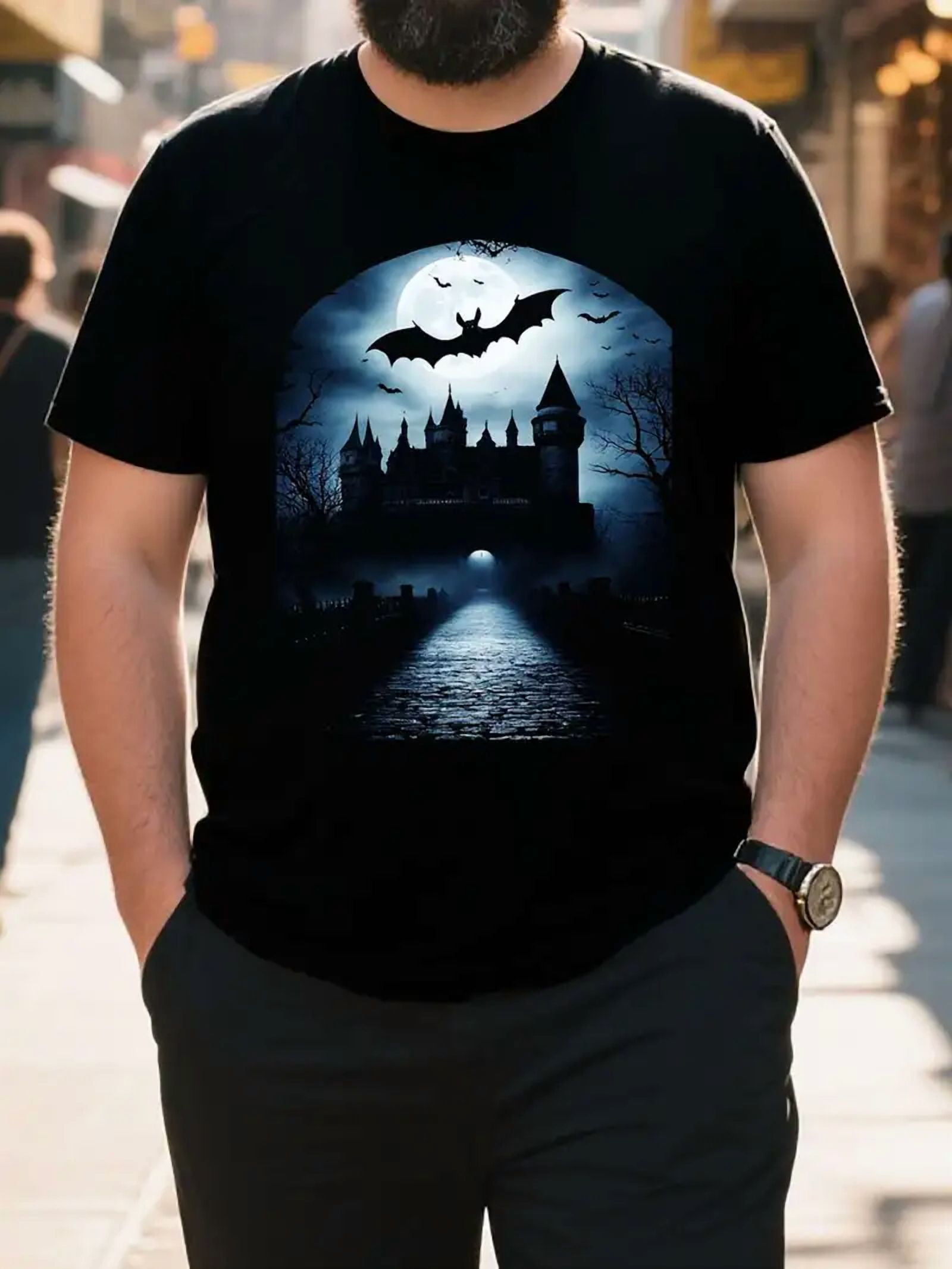 Gothic Bat Castle Graphic Men Plus Size Short Sleeve Crewneck Tee ...