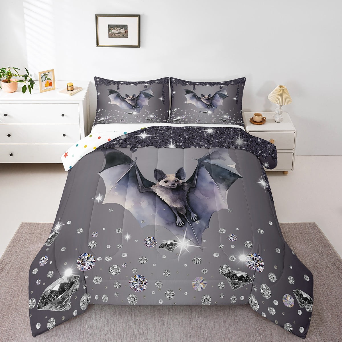 Gothic Bat Comforter Set Black Sequin Fluid Art Bedding Sets Full ...