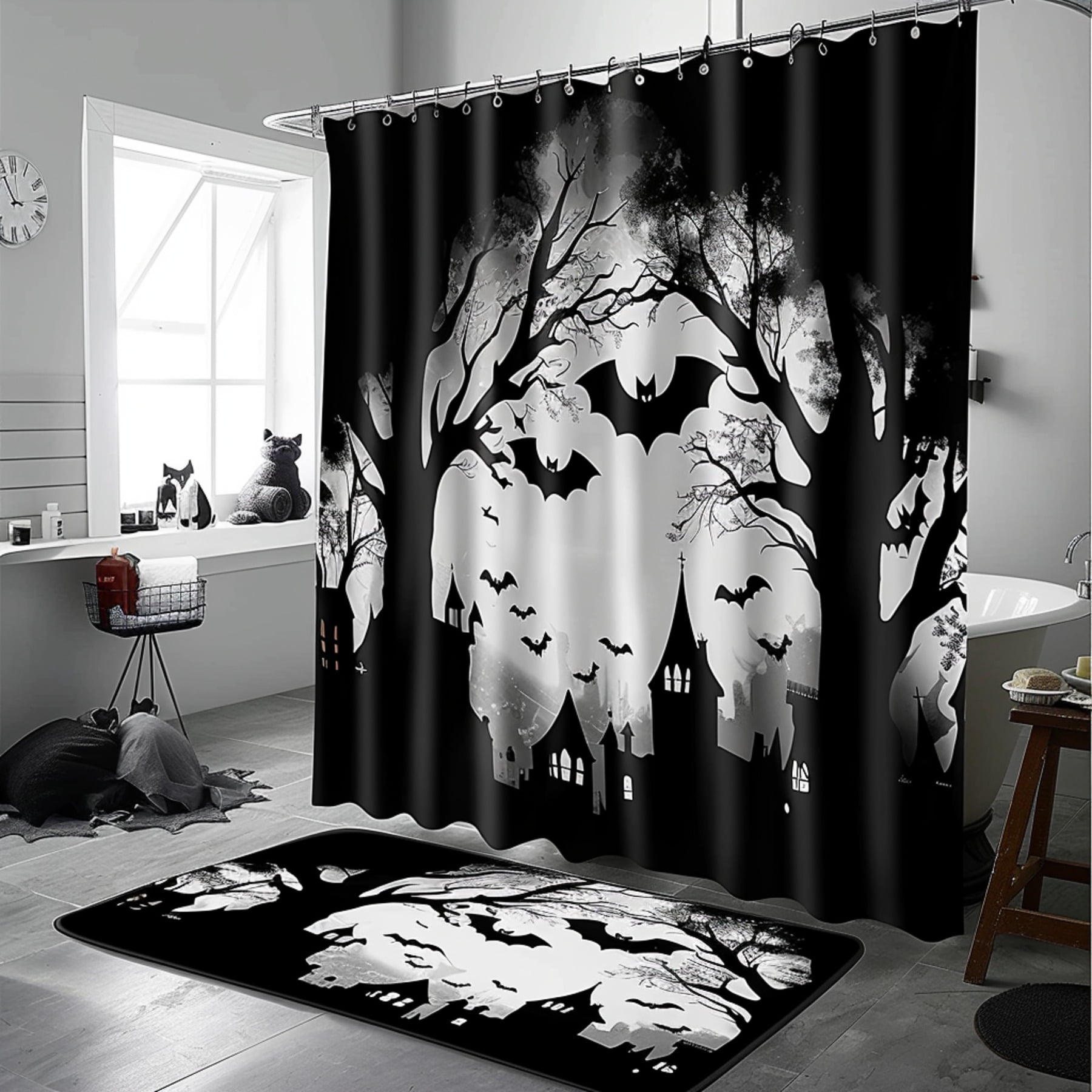 Gothic Bat Halloween Bathroom Decor Set Haunted House Silhouette Flying