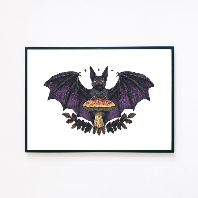 Gothic Bat Mushroom Halloween Dark Illustration Tattoo 7X5 Wall Decor ...