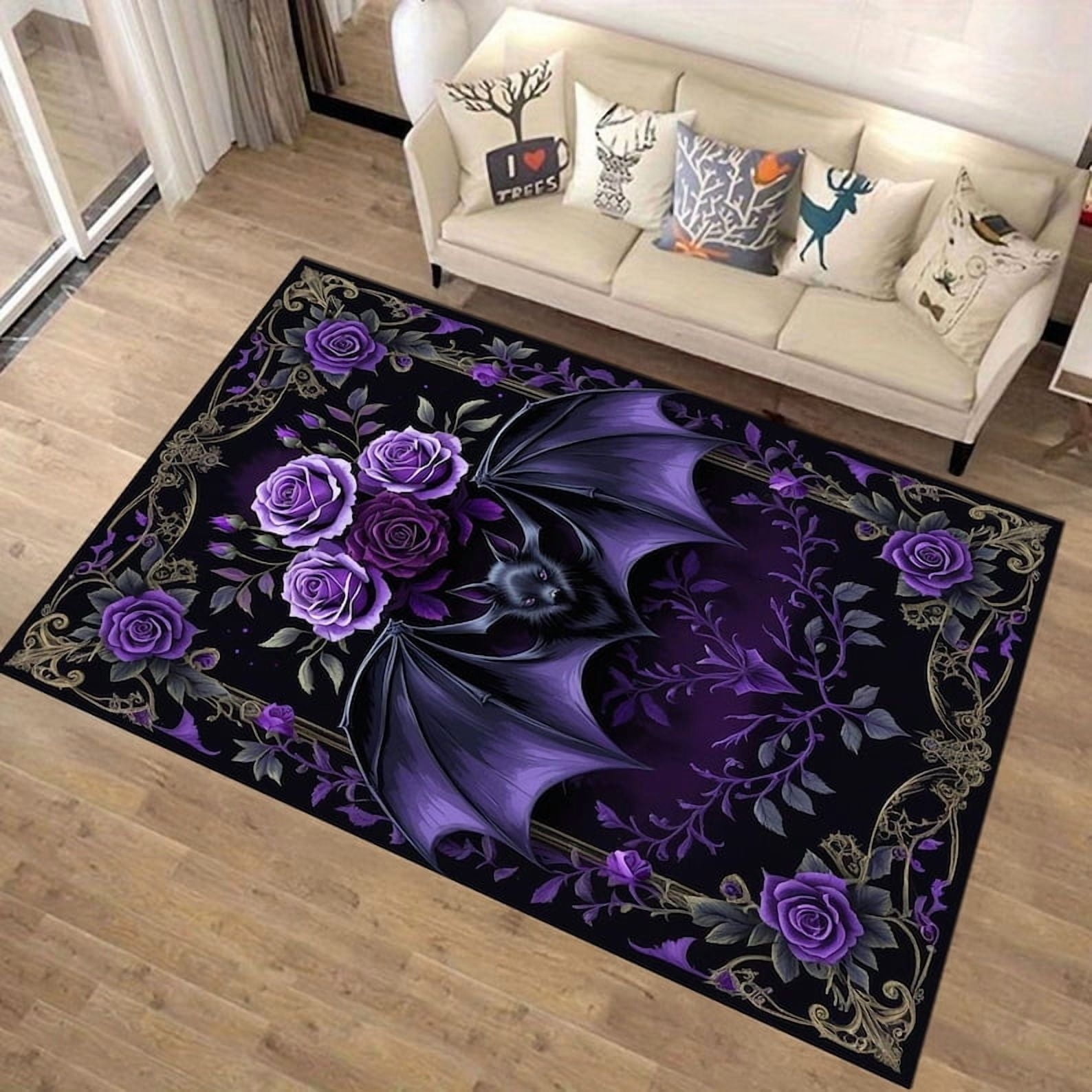 Gothic Bat and Roses Rug, Dark Floral Halloween Tapestry Carpet ...