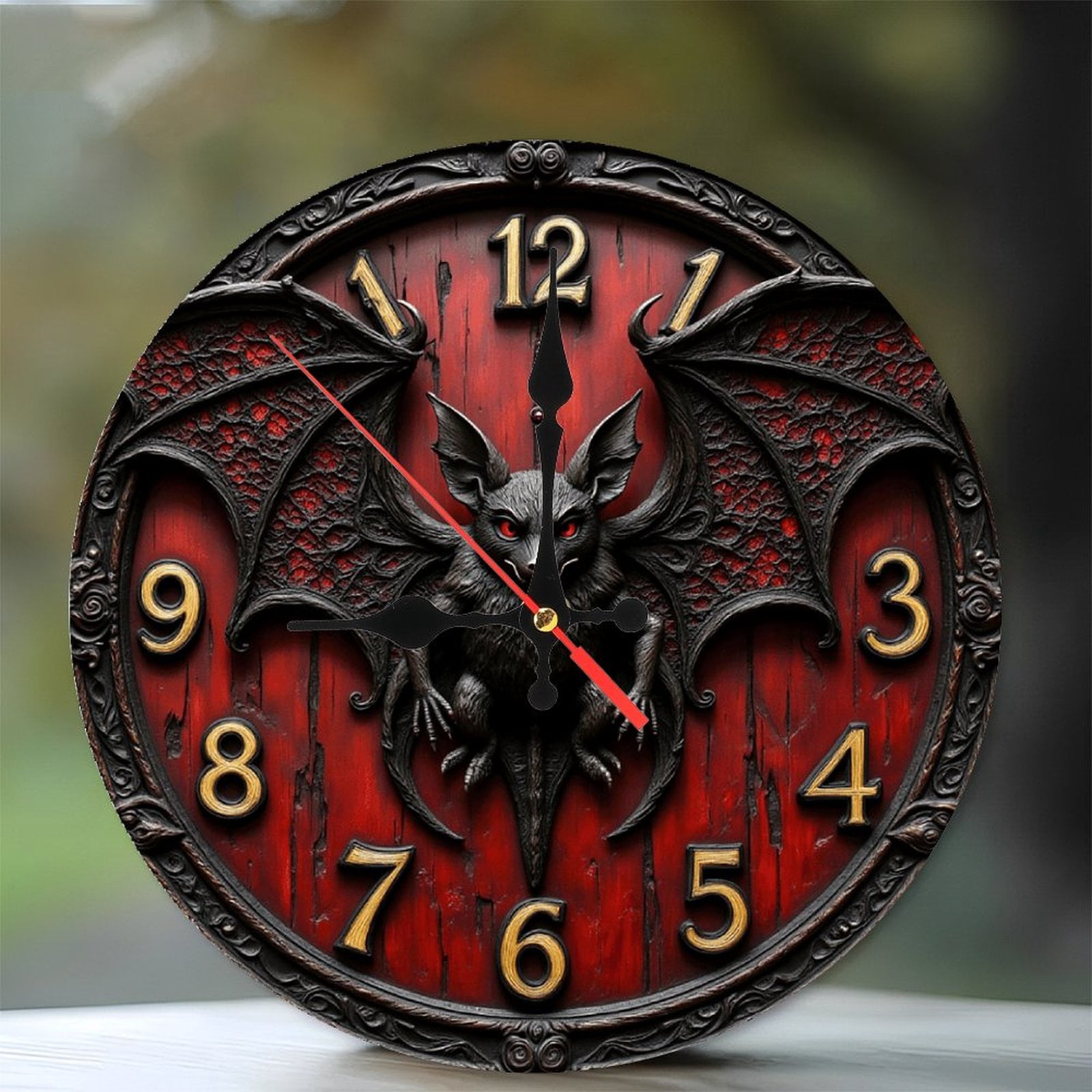 Gothic Bat Wall Clock Red Black Decor 10-Inch Silent Wooden Wall Clock ...