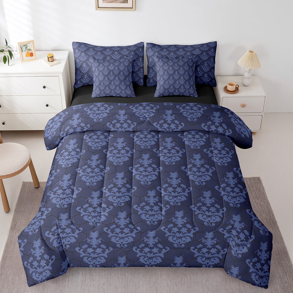 Gothic Bed in a Bag Queen Comforter Set 7 Piece,Adults Black Damask ...